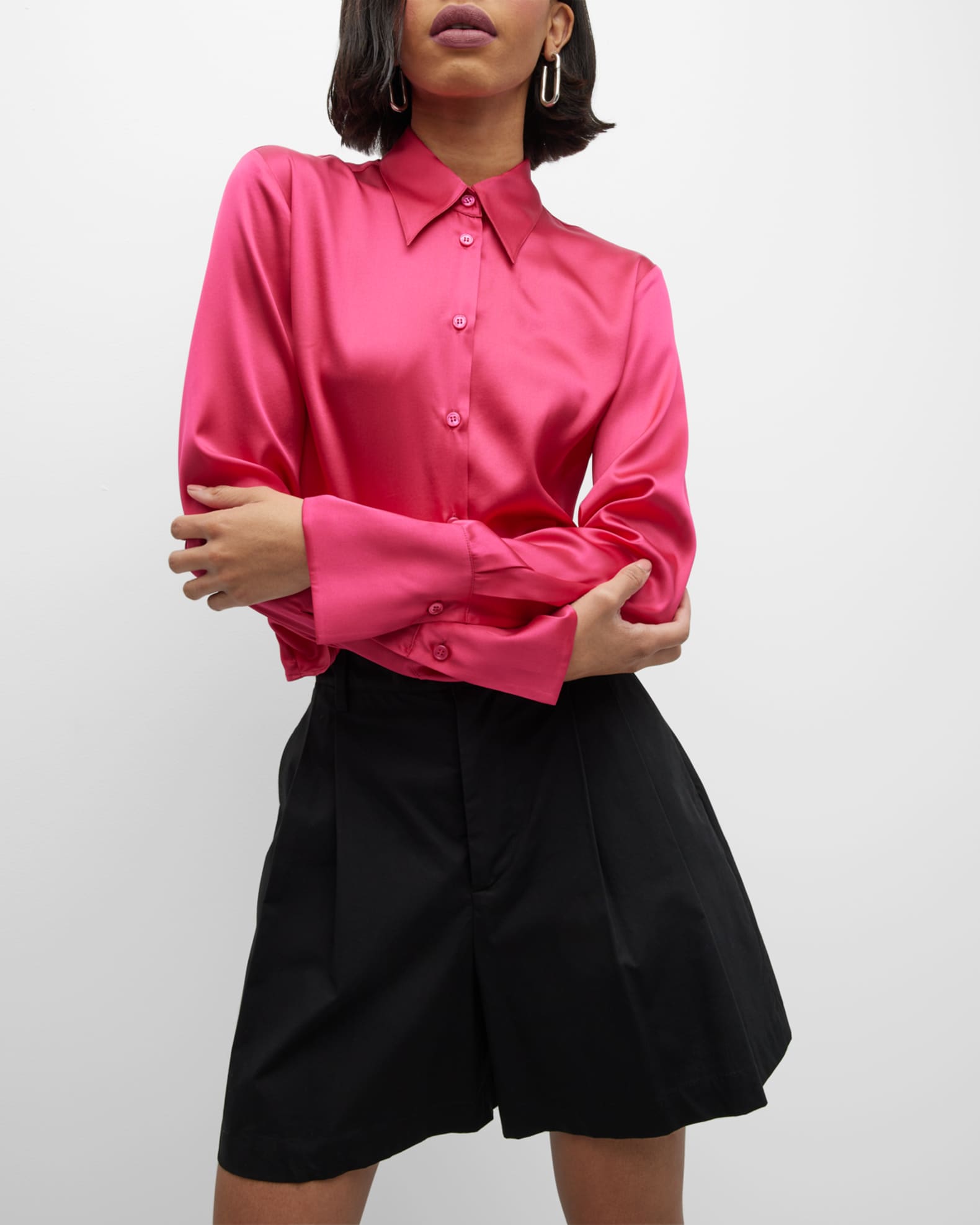 PINKO Silk Satin Button-Front Shirt | Neiman Marcus