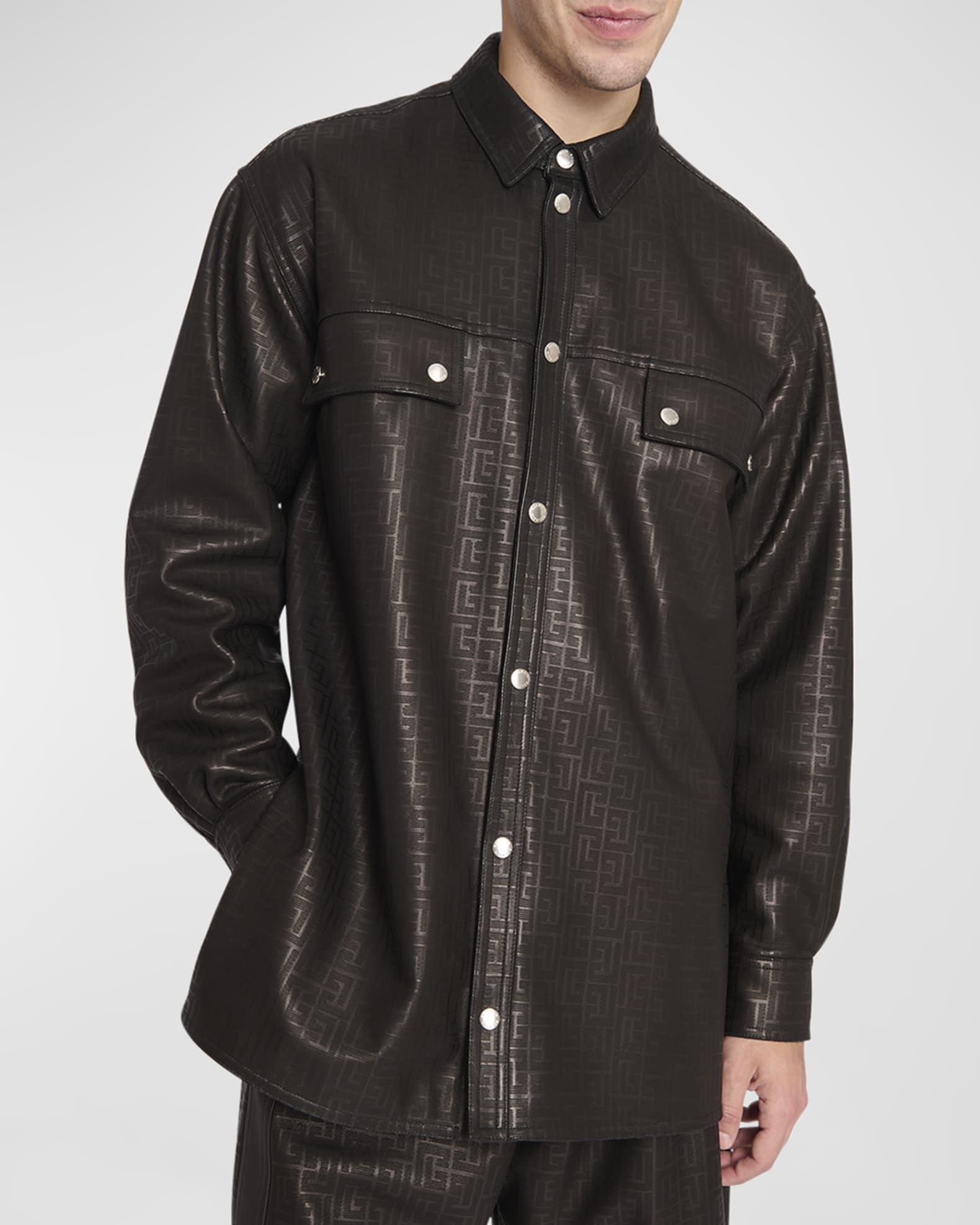 Balmain Men's Leather Monogram Snap-Front Shirt | Neiman Marcus