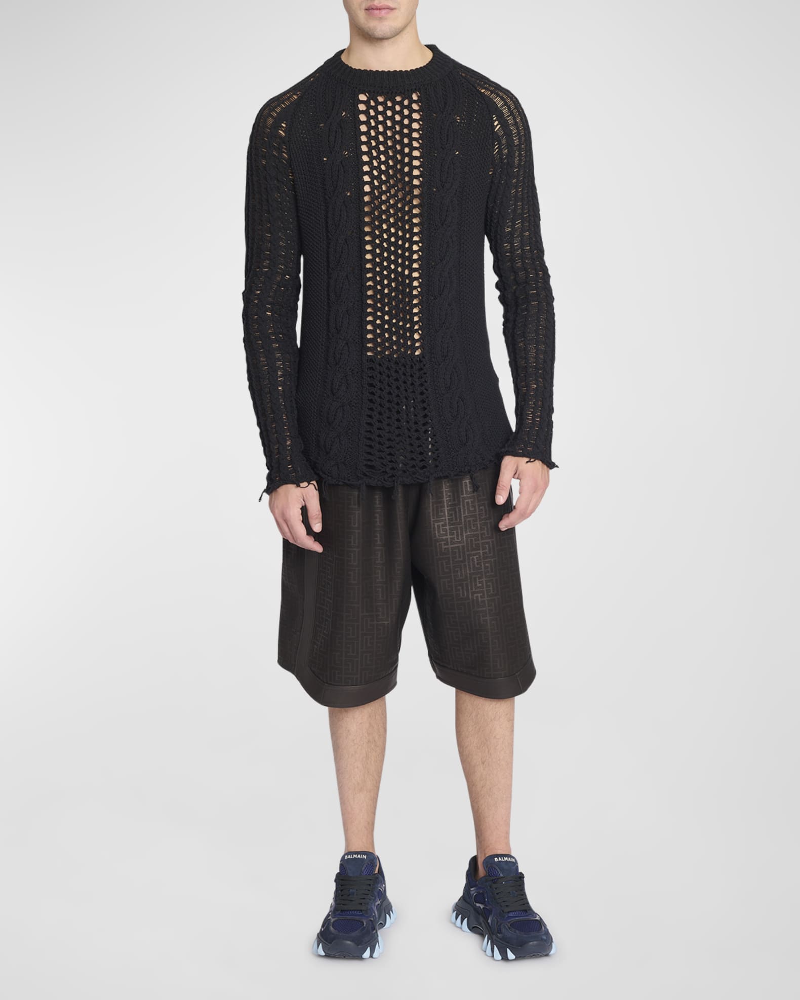 Balmain Men's Destroyed Cable-Knit Sweater | Neiman Marcus