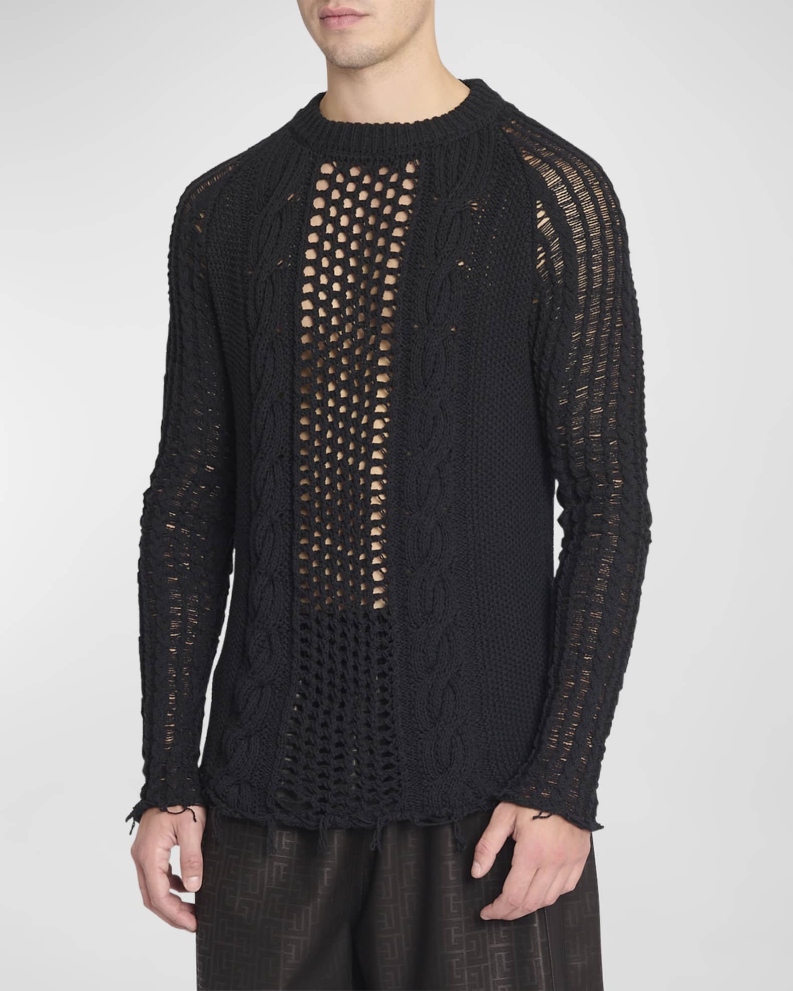 Balmain Men's Destroyed Cable-Knit Sweater | Neiman Marcus