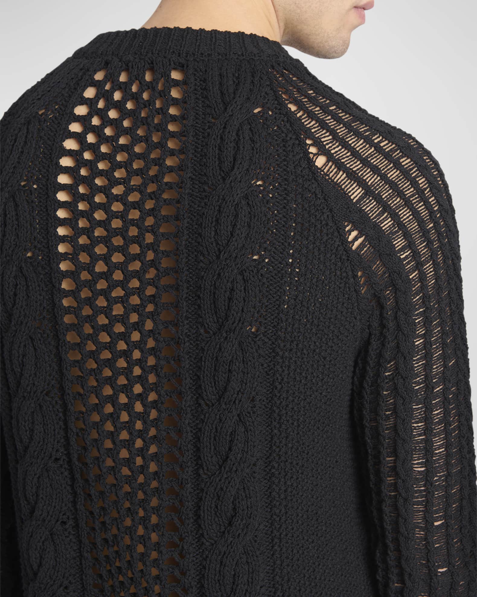 Balmain Men's Destroyed Cable-Knit Sweater | Neiman Marcus