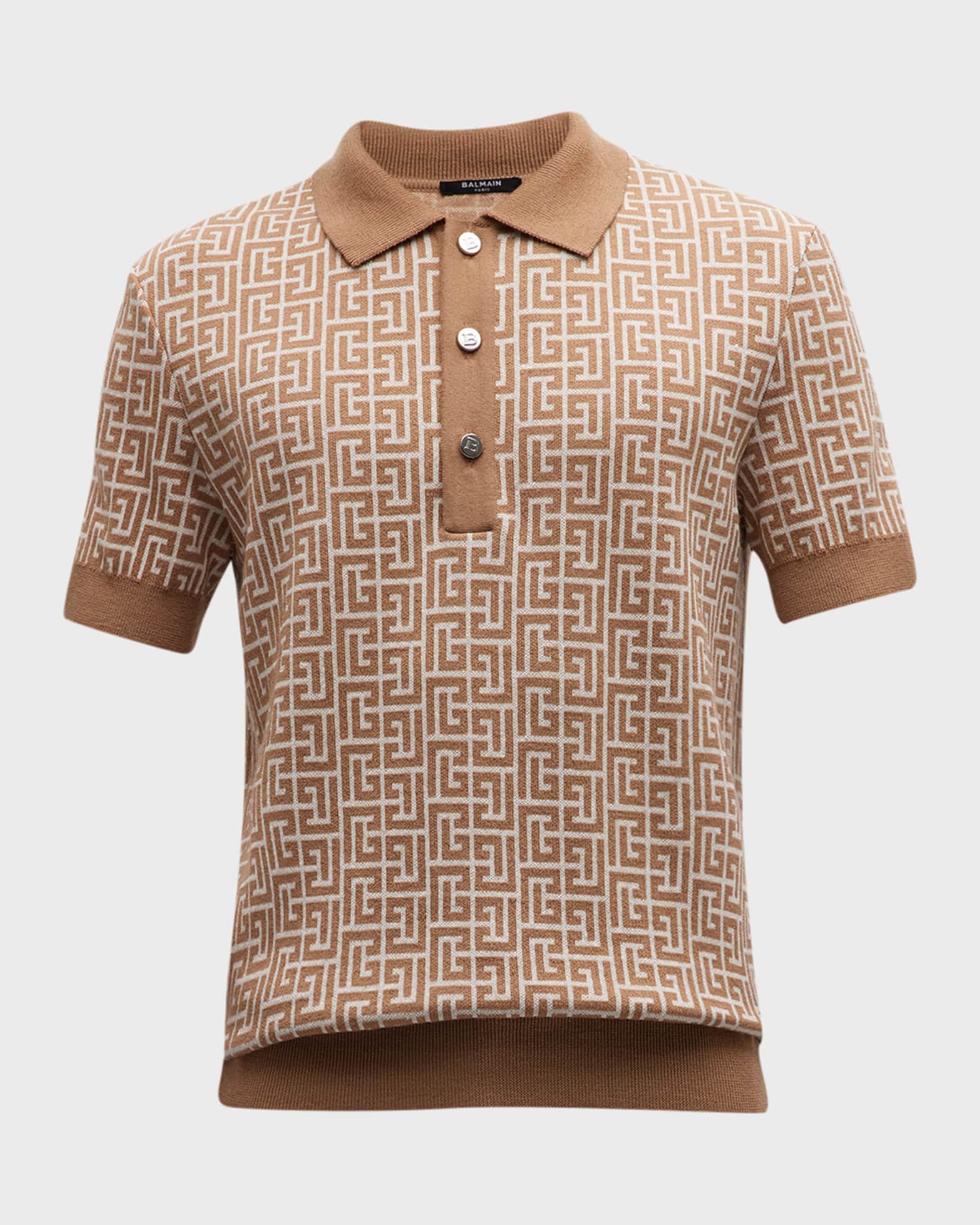 Balmain Men's Monogram Wool Linen Polo Shirt | Neiman Marcus