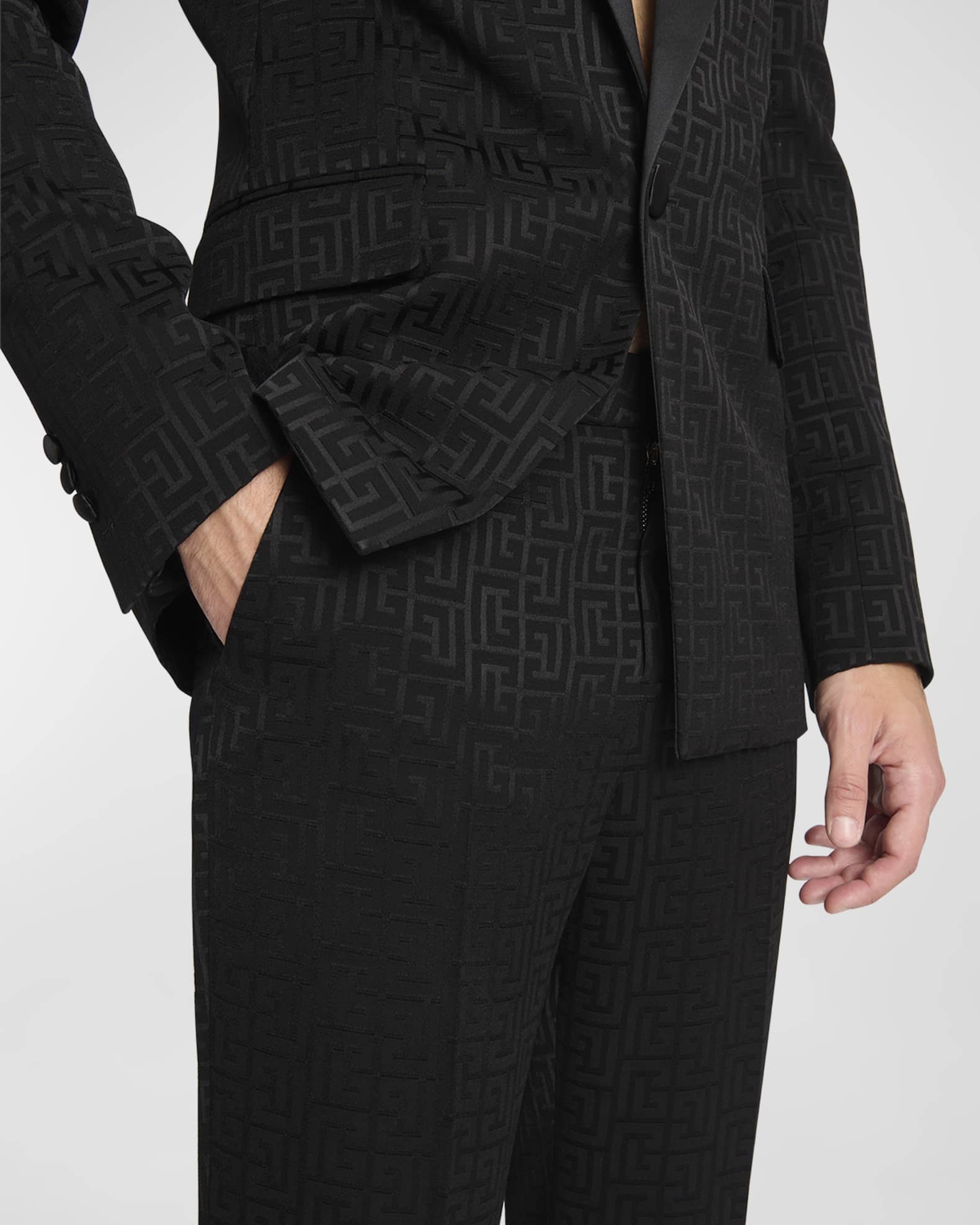 Balmain Men's Tonal Monogram Tuxedo Pants | Neiman Marcus