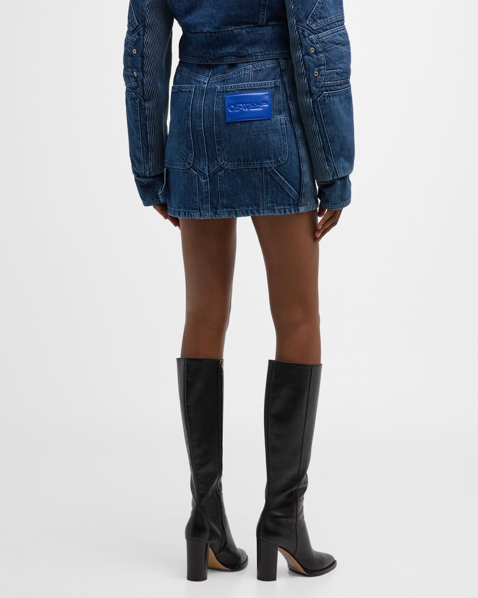 Off-White Denim Motorcycle Mini Skirt with Hole Cutout | Neiman Marcus