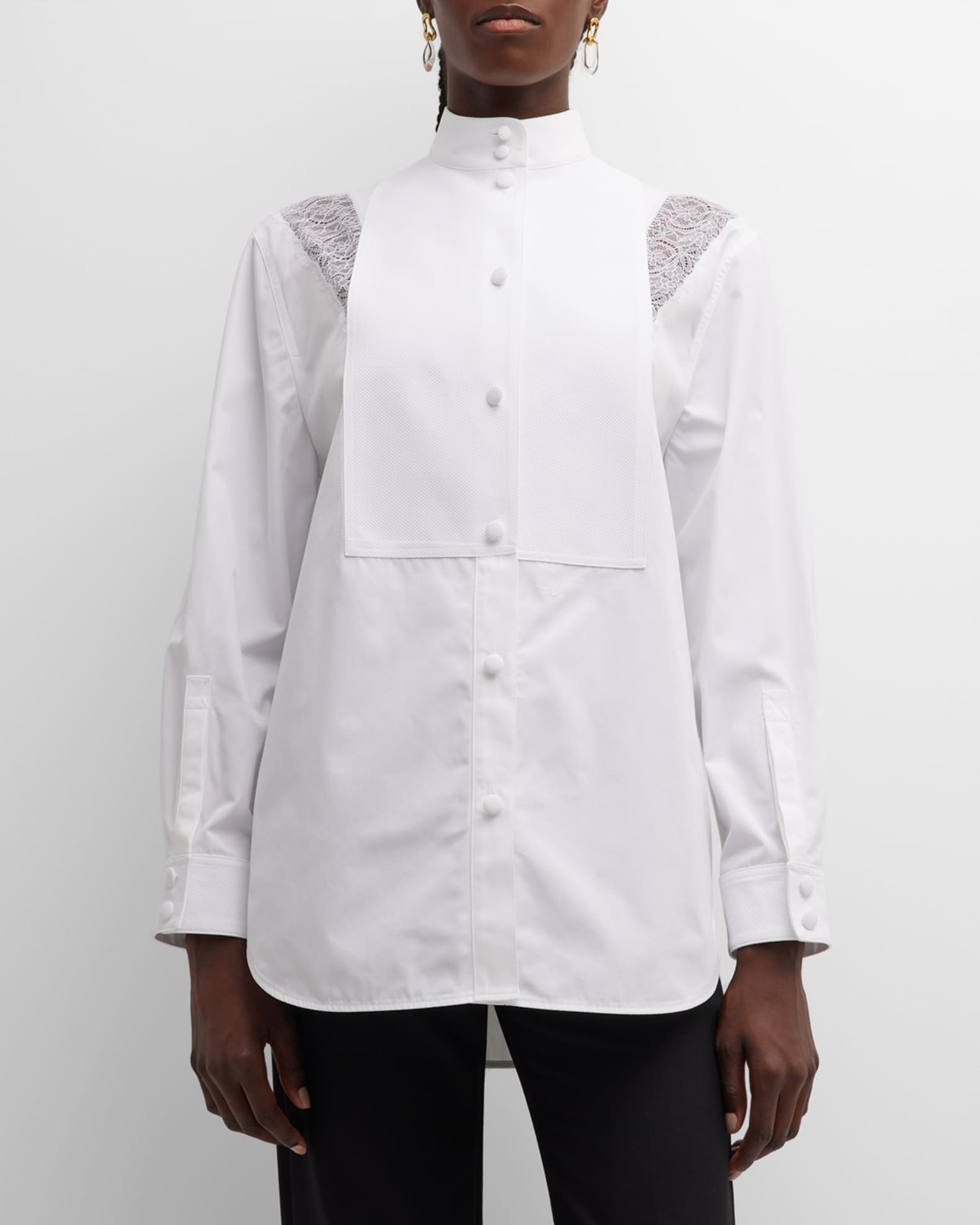 Burberry Cotton Bib-Front Blouse with Lace Panels | Neiman Marcus