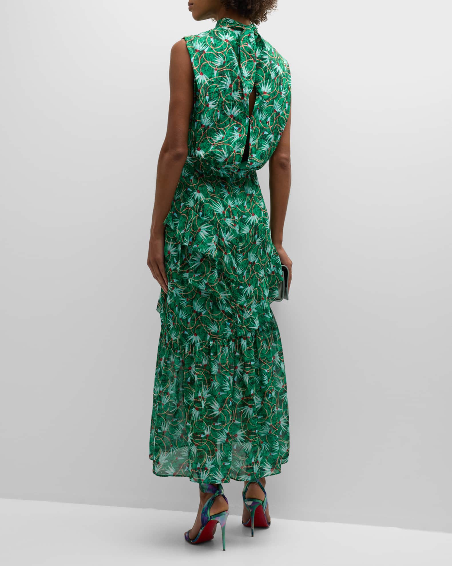 Saloni Fleur Silk Sleeveless Tiered-Ruffle Midi Dress | Neiman Marcus