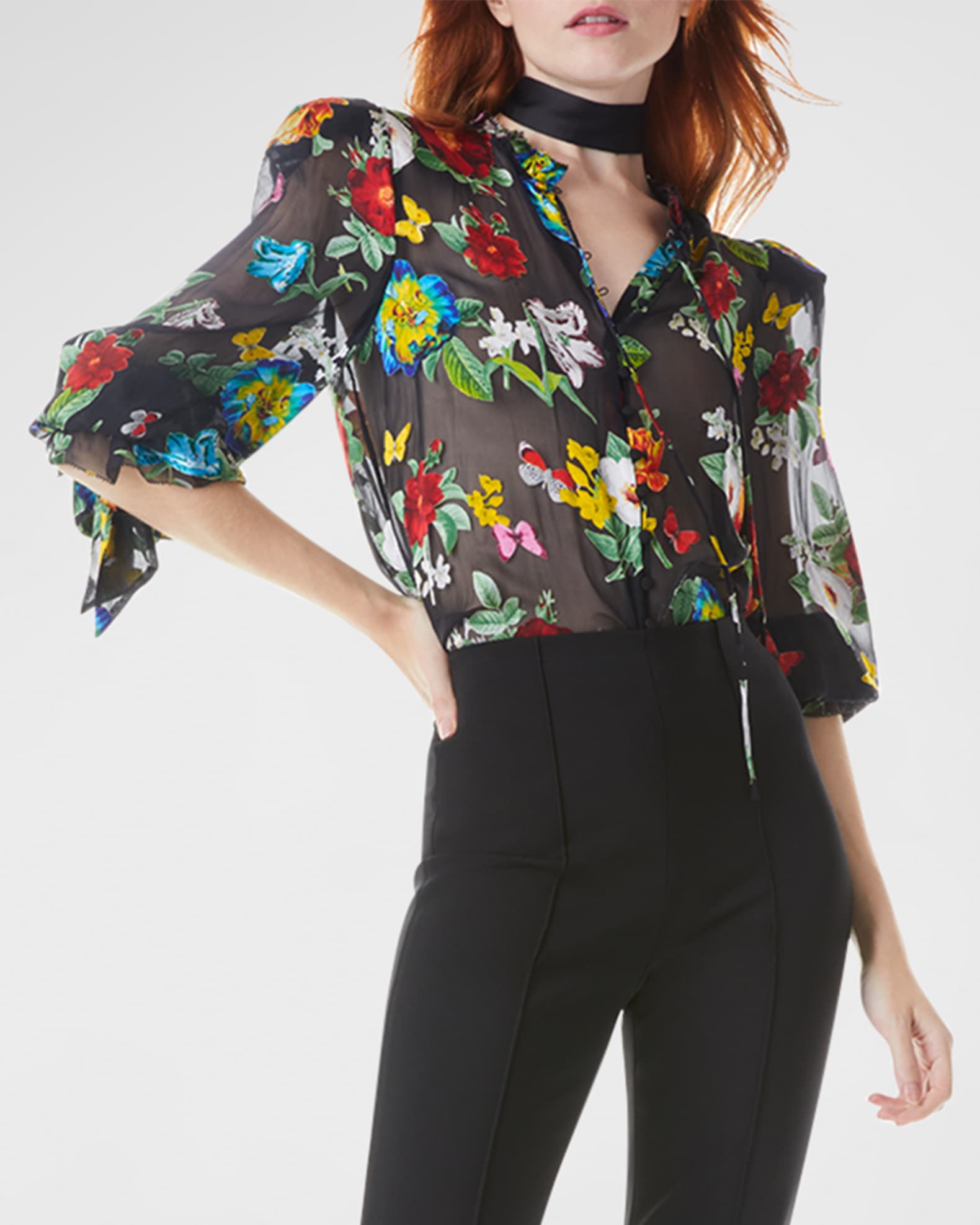 Alice + Olivia Julius Floral Burnout Button-Front Blouse | Neiman Marcus