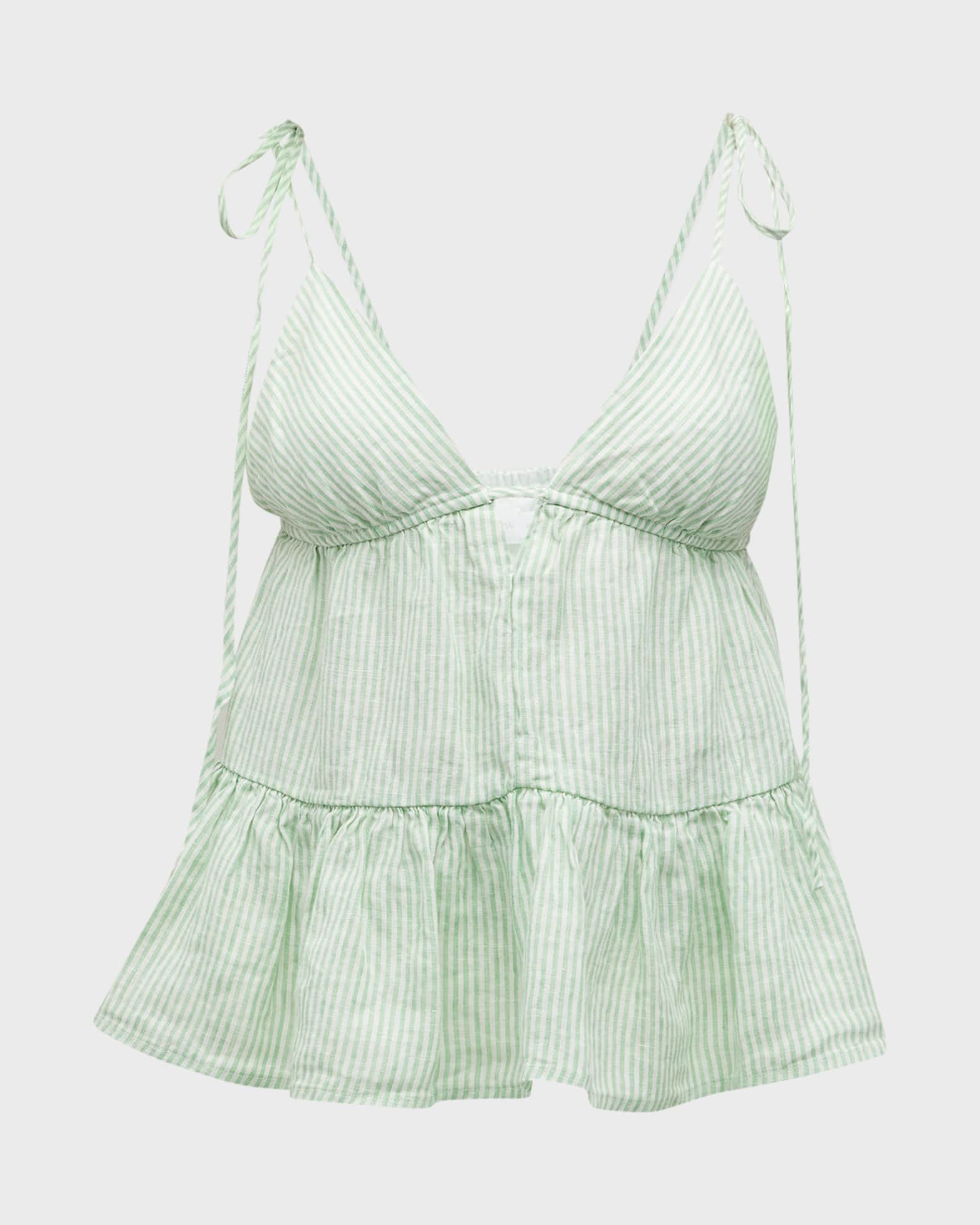 SIMKHAI Zoya Tie-Shoulder Striped Linen Ruffle Top | Neiman Marcus
