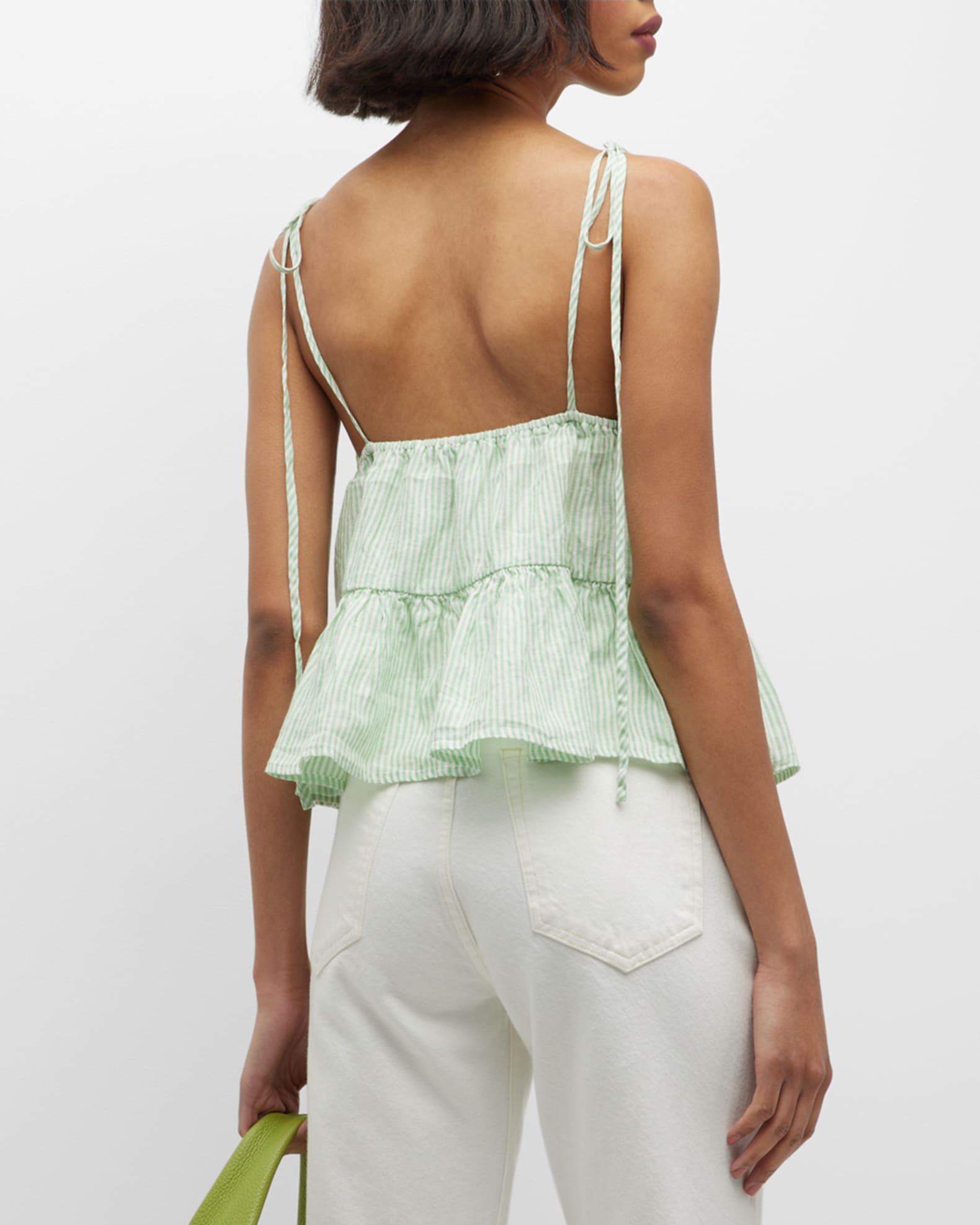 SIMKHAI Zoya Tie-Shoulder Striped Linen Ruffle Top | Neiman Marcus