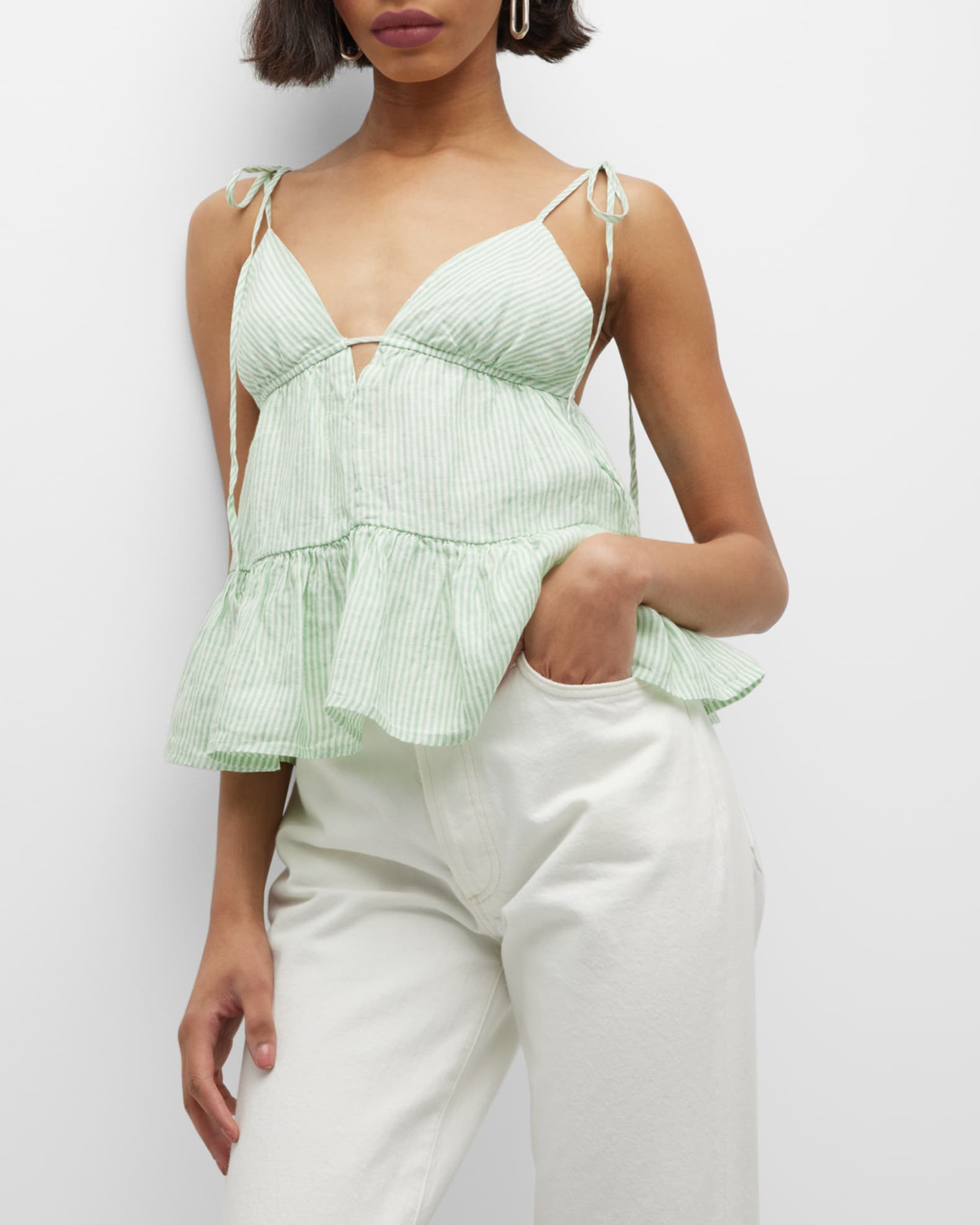 SIMKHAI Zoya Tie-Shoulder Striped Linen Ruffle Top | Neiman Marcus