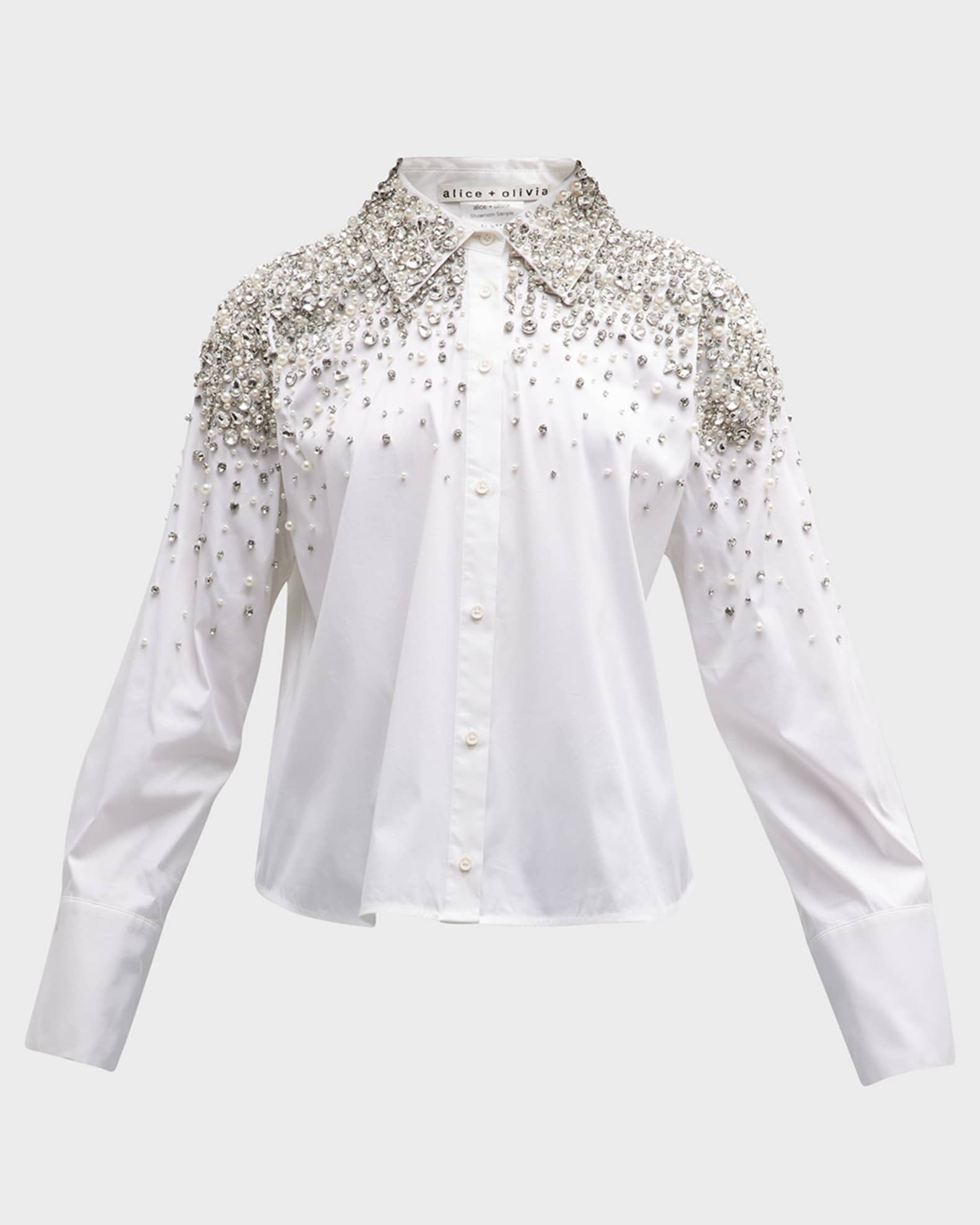 Alice + Olivia Finely Embellished Button-Front Shirt | Neiman Marcus