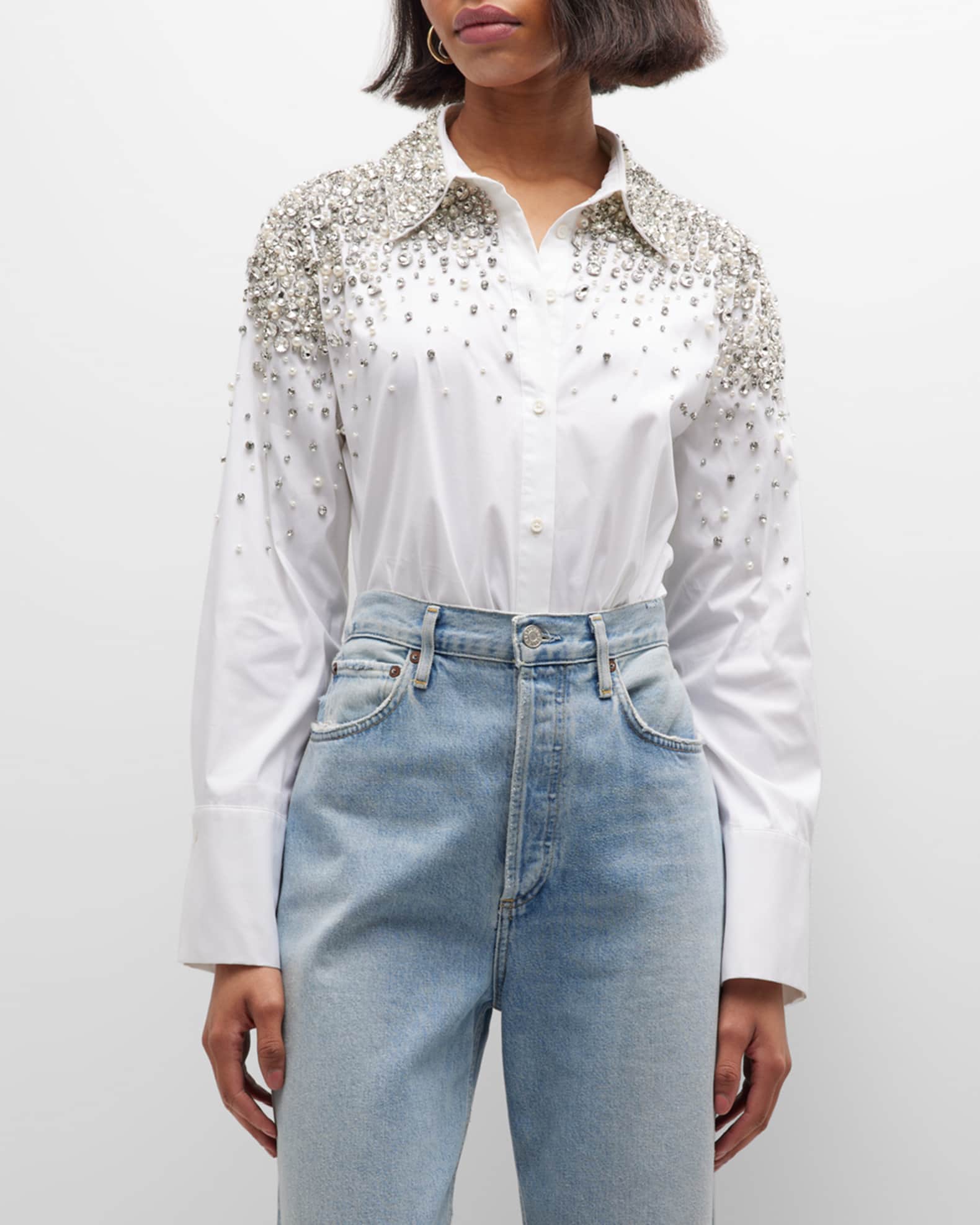 Alice + Olivia Finely Embellished Button-Front Shirt | Neiman Marcus