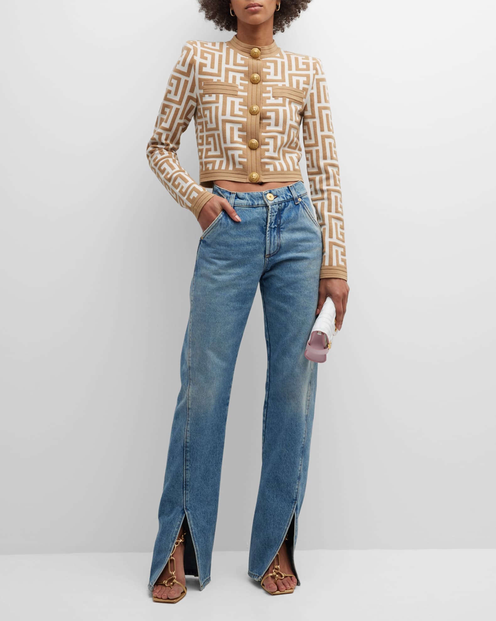 Balmain Slit-Hem Straight-Leg Vintage Blue Jeans | Neiman Marcus
