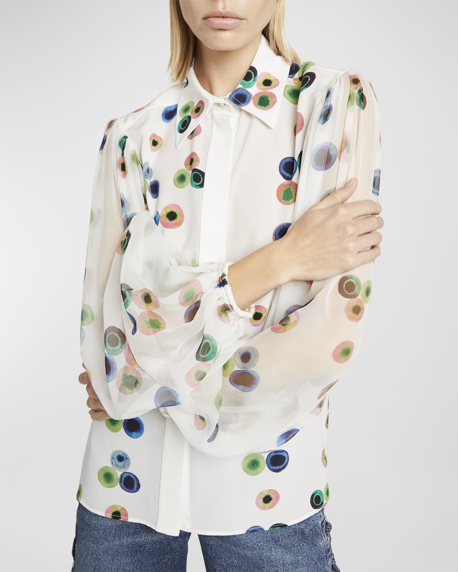 Chloe Fusion-Print Organic Crepe De Chine Collared Shirt | Neiman Marcus