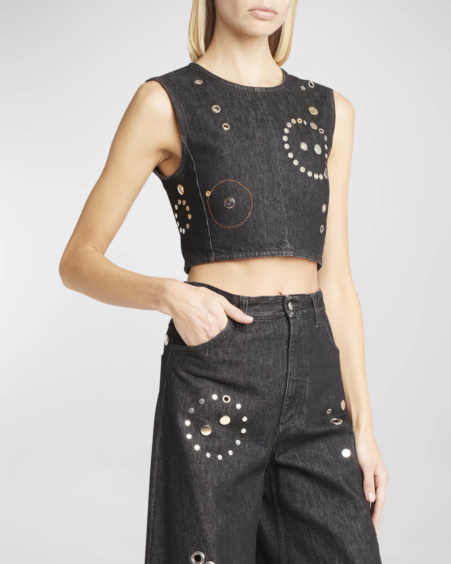 Chloe Grommet Sleeveless Crop Denim Top | Neiman Marcus