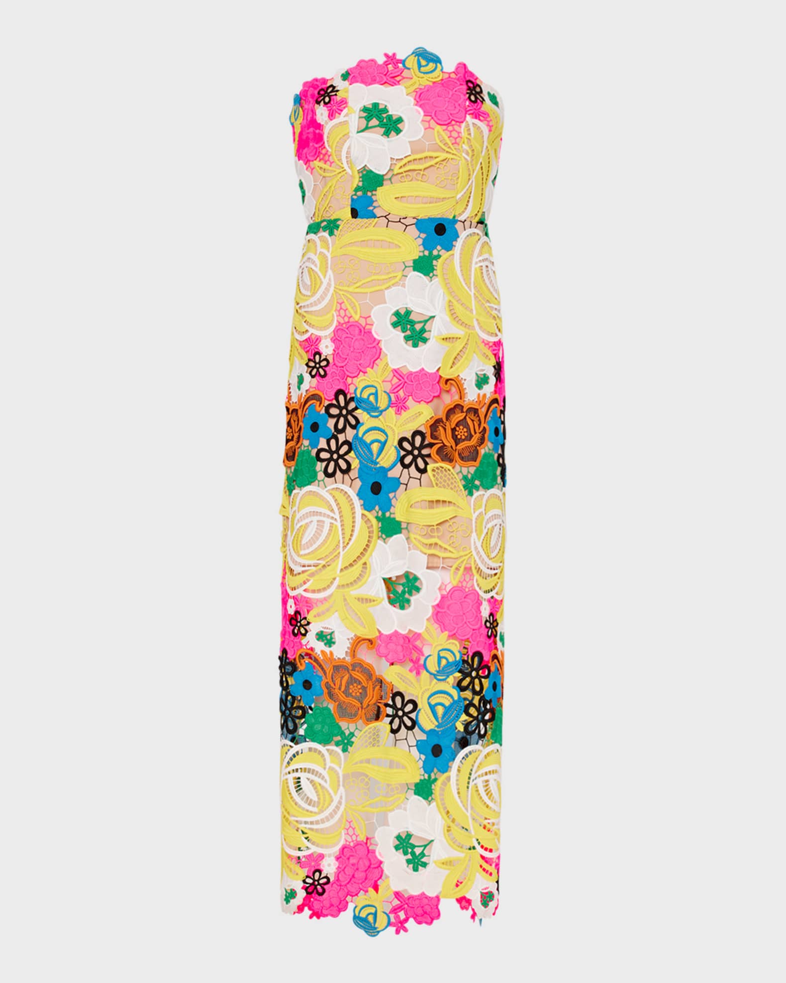 Milly Strapless Floral Lace Sheath Midi Dress | Neiman Marcus