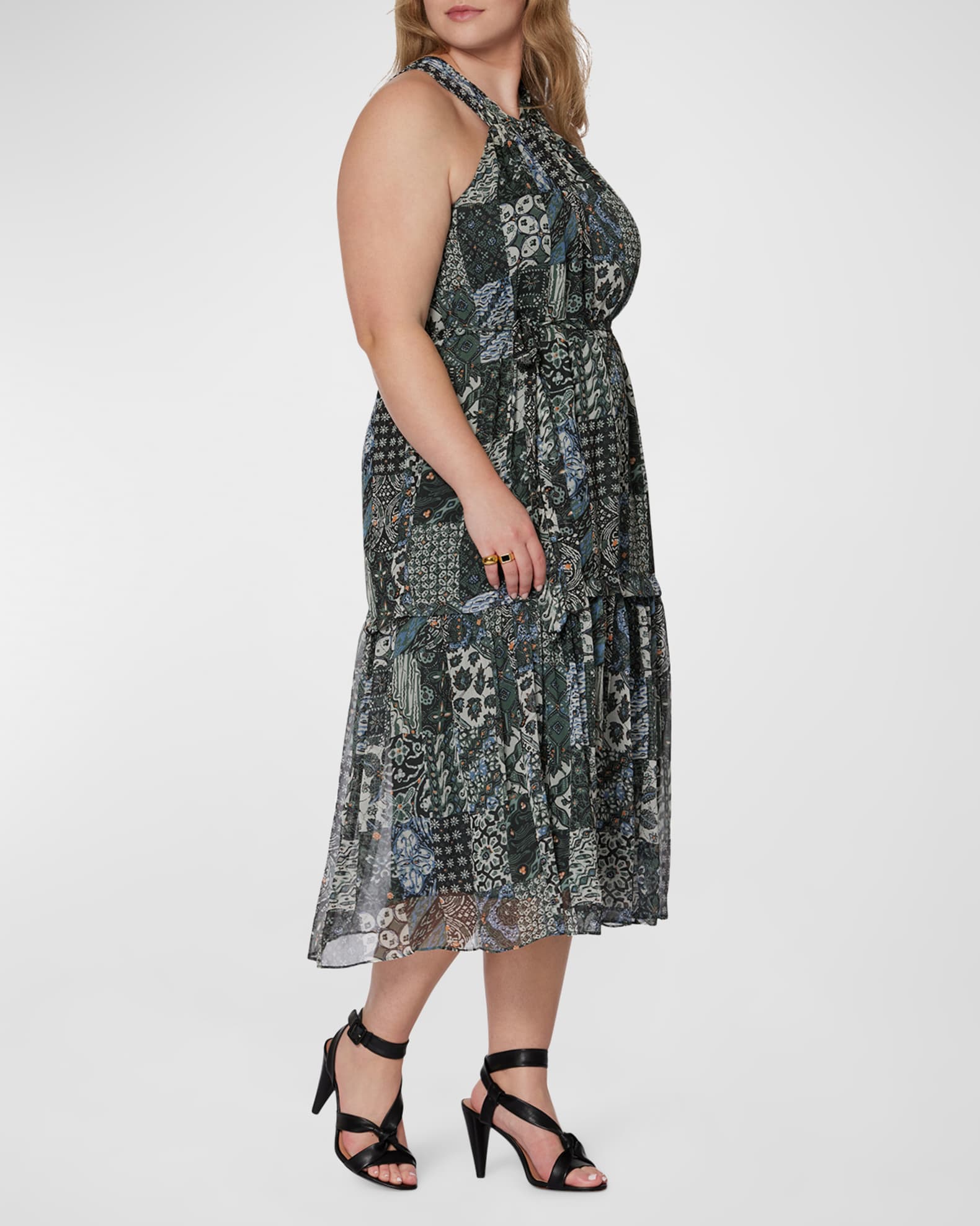Joie Plus Size Freya Patchwork-Print Midi Dress | Neiman Marcus