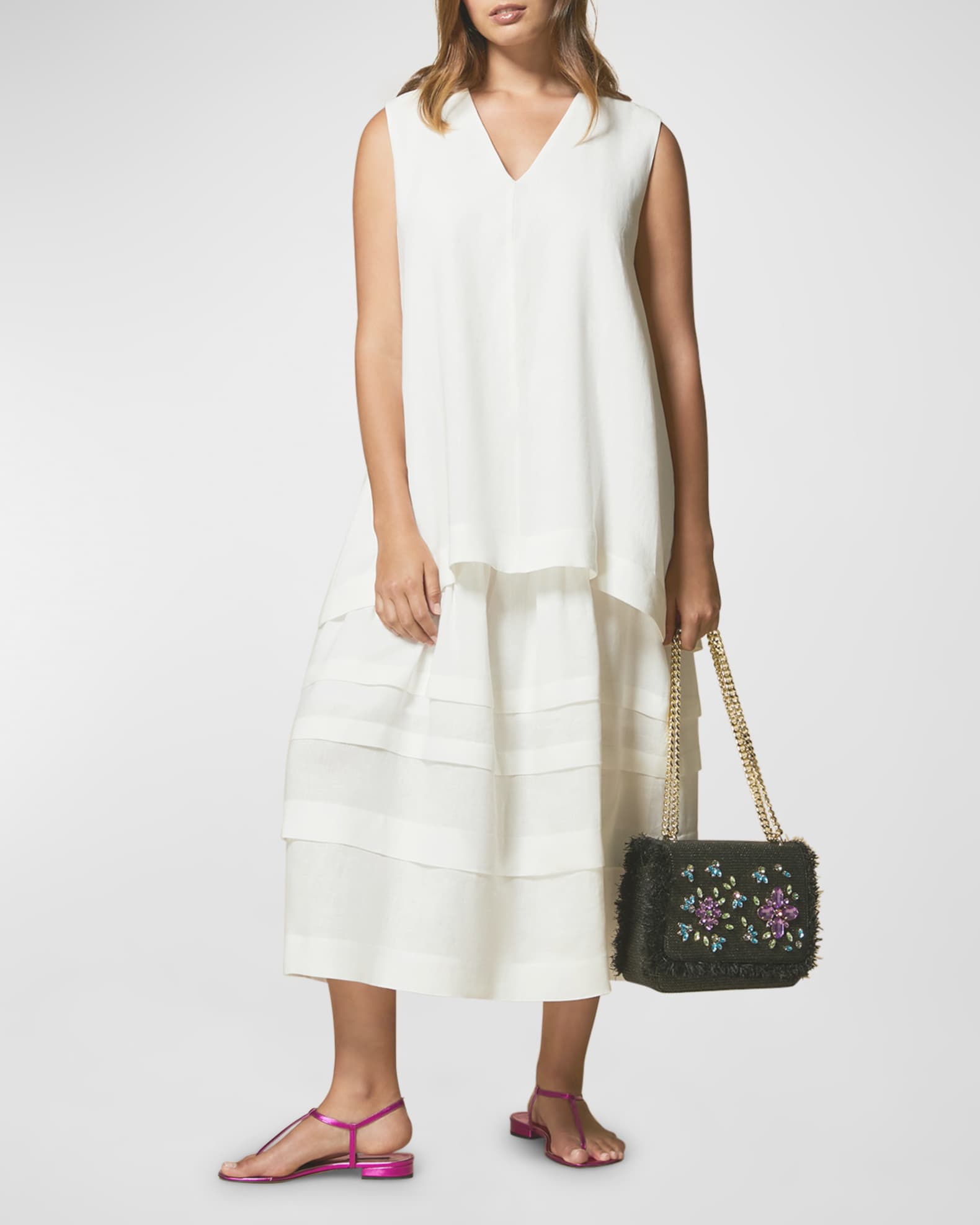 Marina Rinaldi Plus Size Distanza Layered Linen Midi Dress | Neiman Marcus