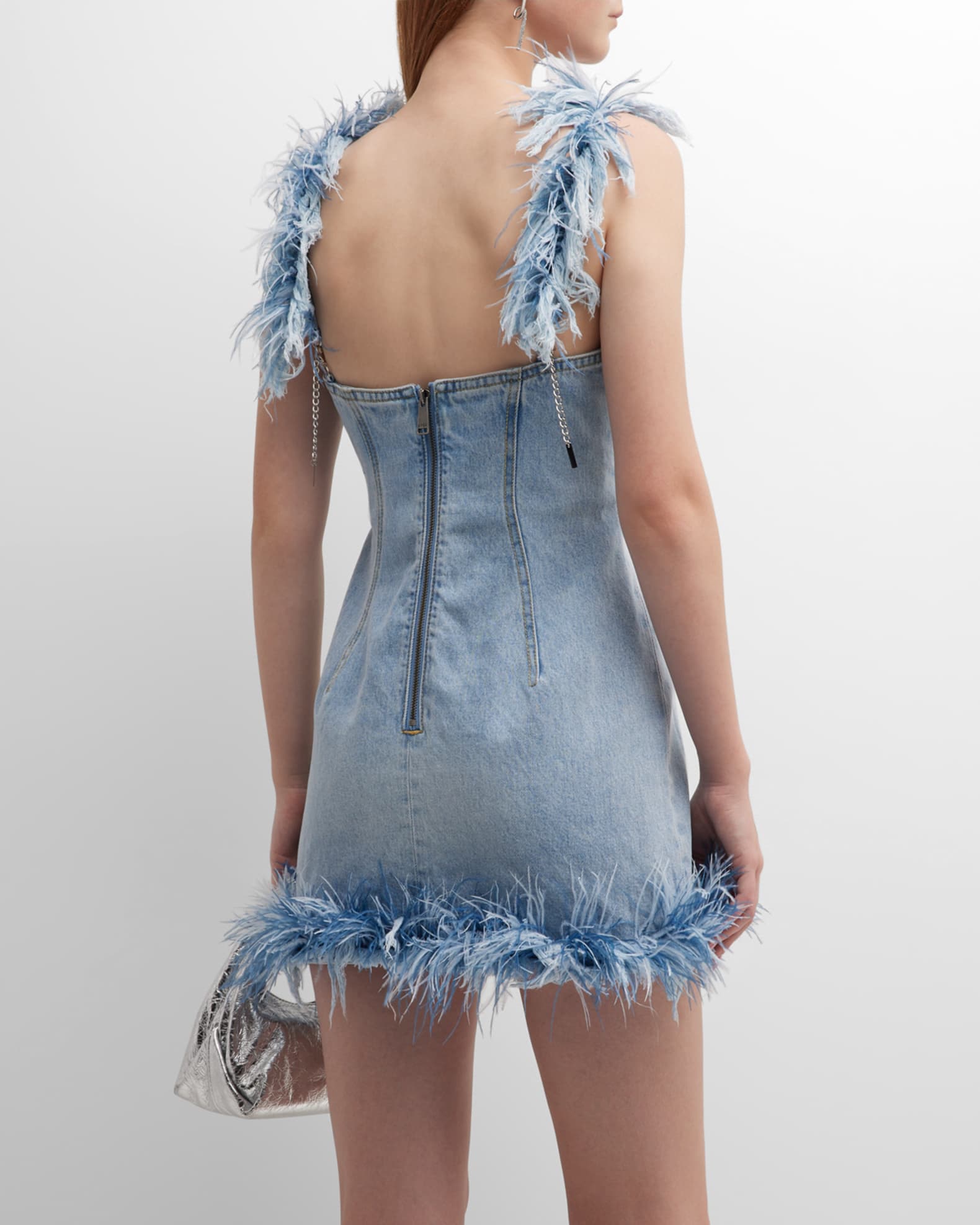 AREA Feather-Trim Denim Mini Dress | Neiman Marcus