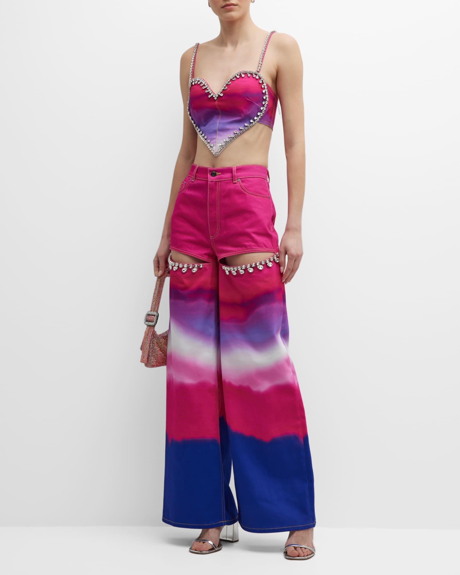 AREA Crystal-Trim Ombre Denim Heart Crop Top | Neiman Marcus