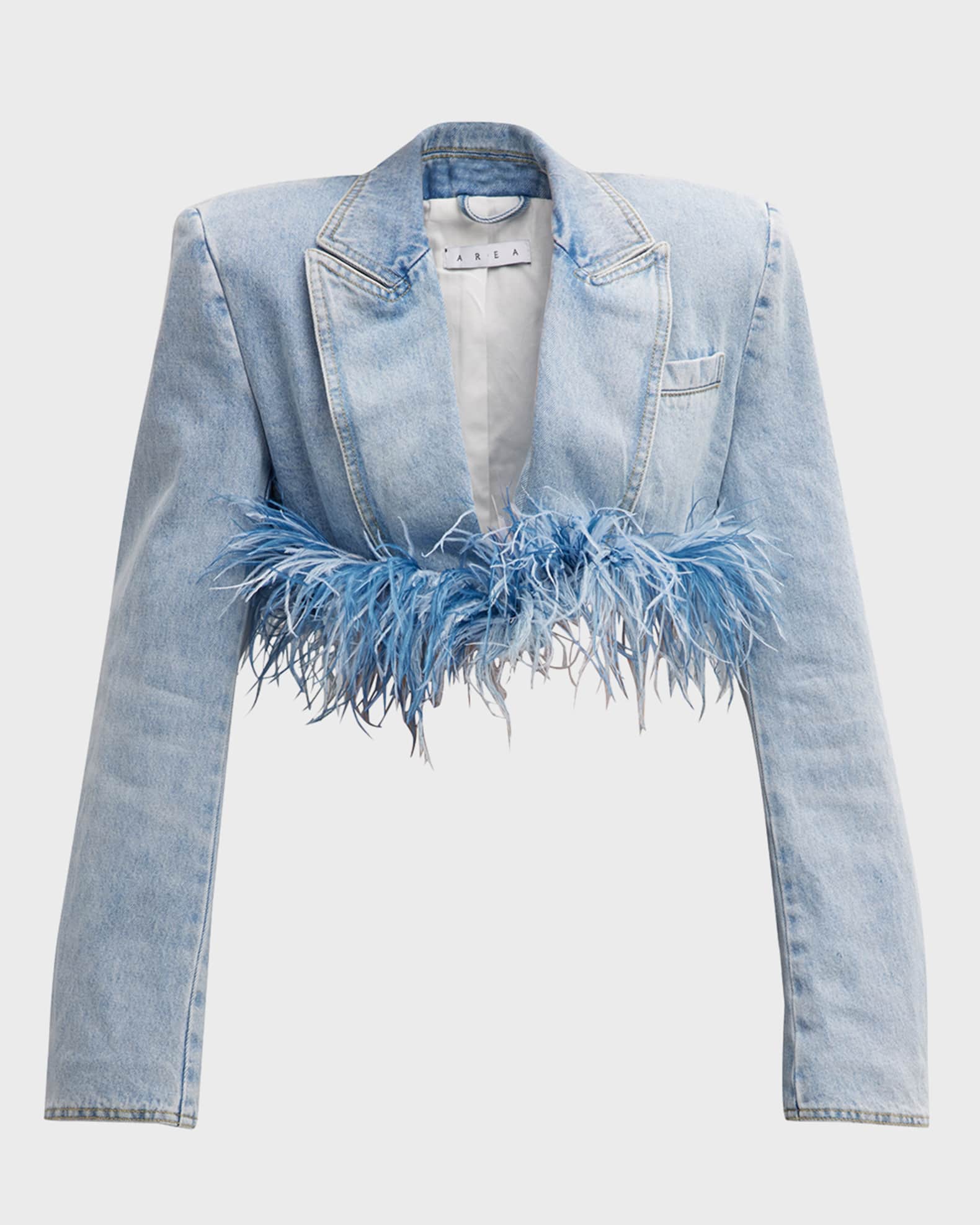 AREA Feather-Trim Frayed Denim Crop Blazer | Neiman Marcus