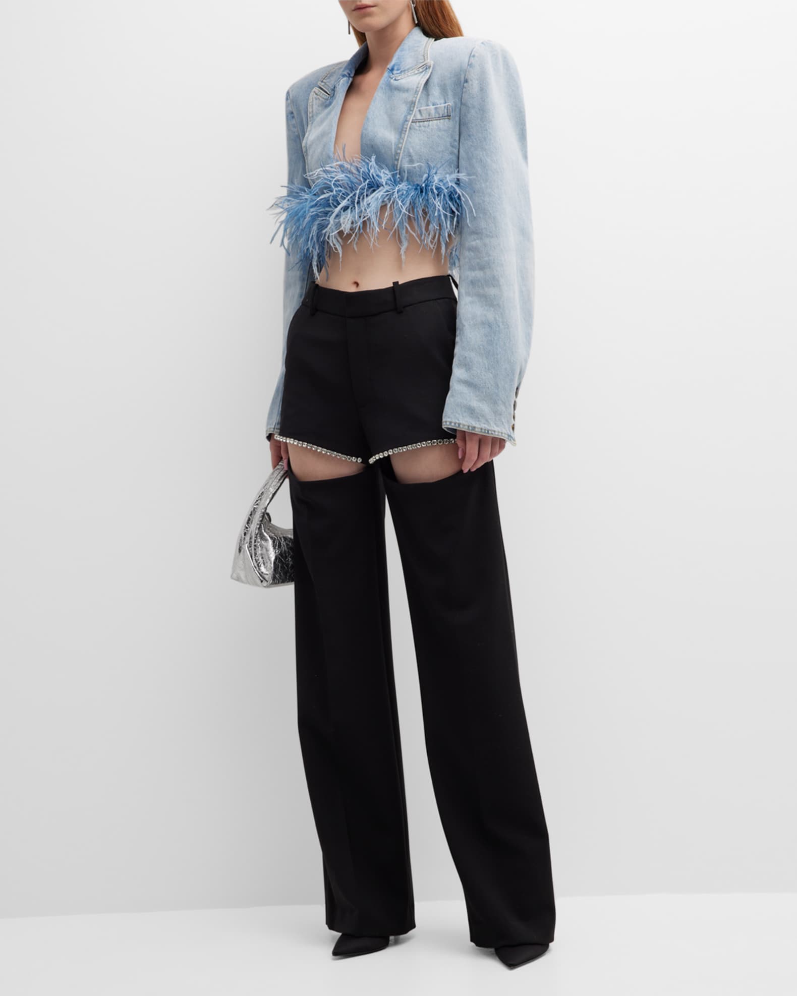 AREA Feather-Trim Frayed Denim Crop Blazer | Neiman Marcus
