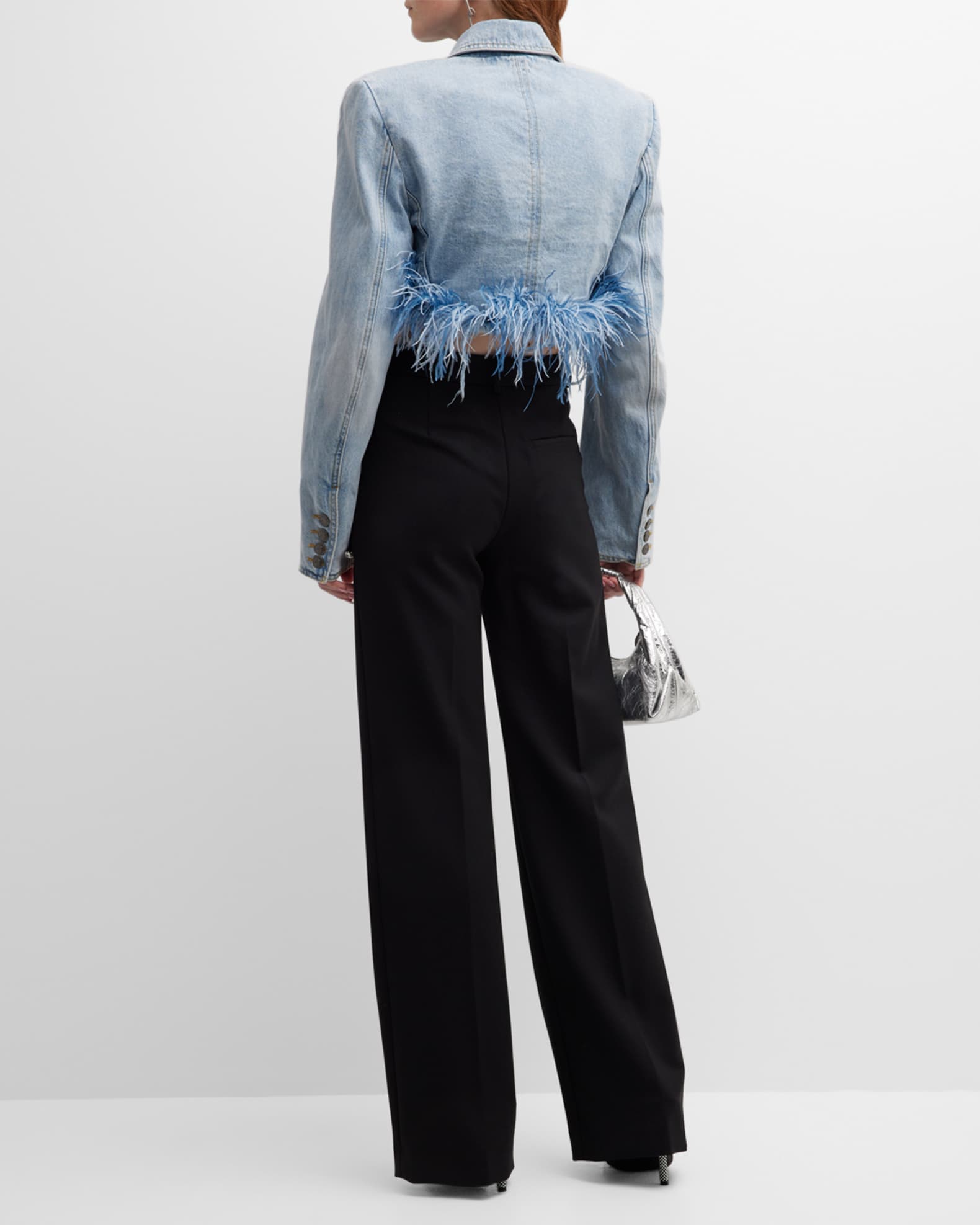 AREA Feather-Trim Frayed Denim Crop Blazer | Neiman Marcus