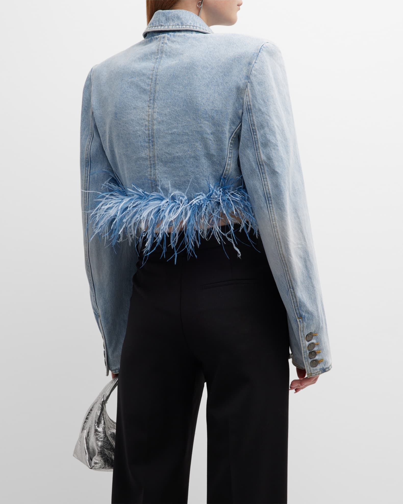 AREA Feather-Trim Frayed Denim Crop Blazer | Neiman Marcus