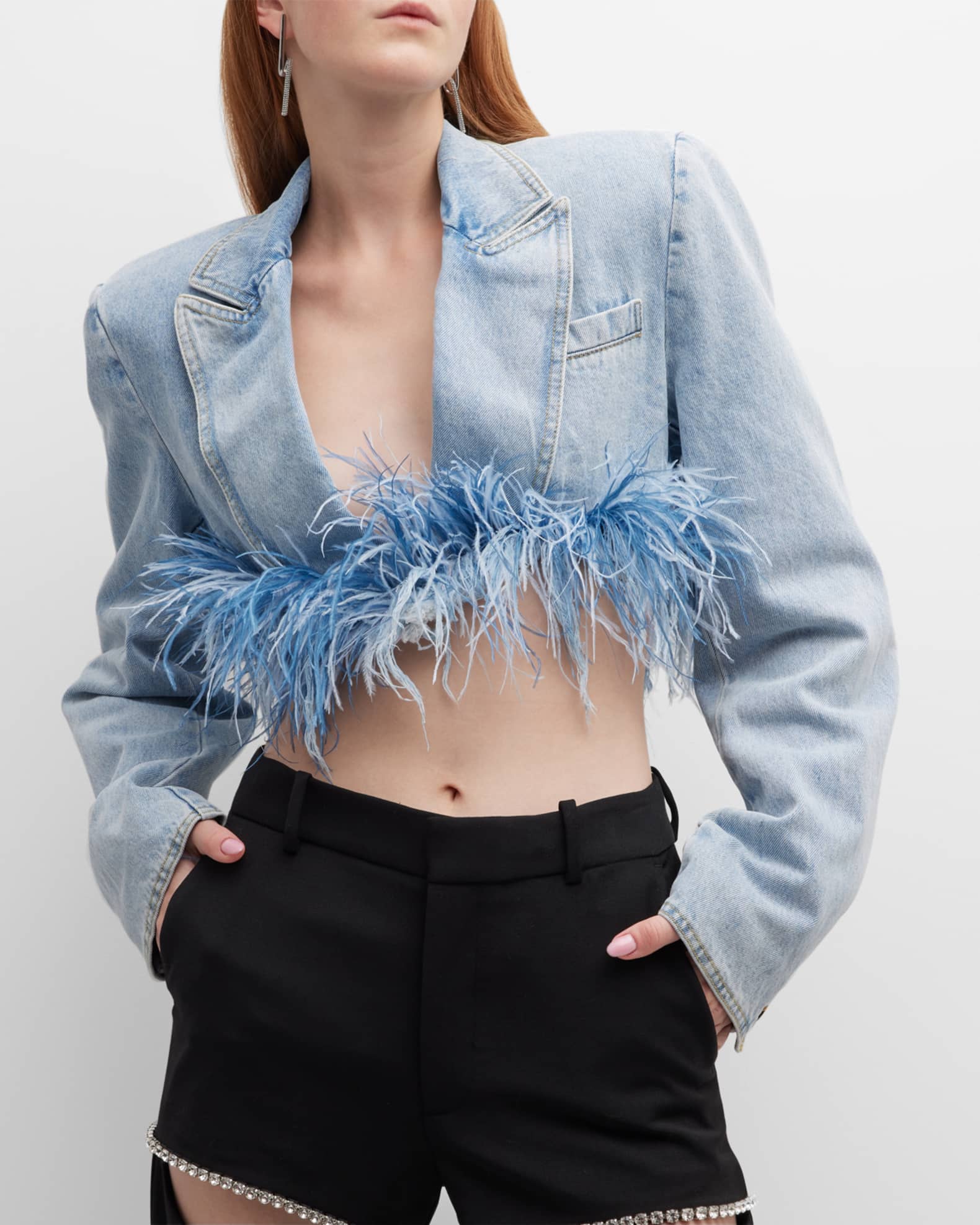 AREA Feather-Trim Frayed Denim Crop Blazer | Neiman Marcus