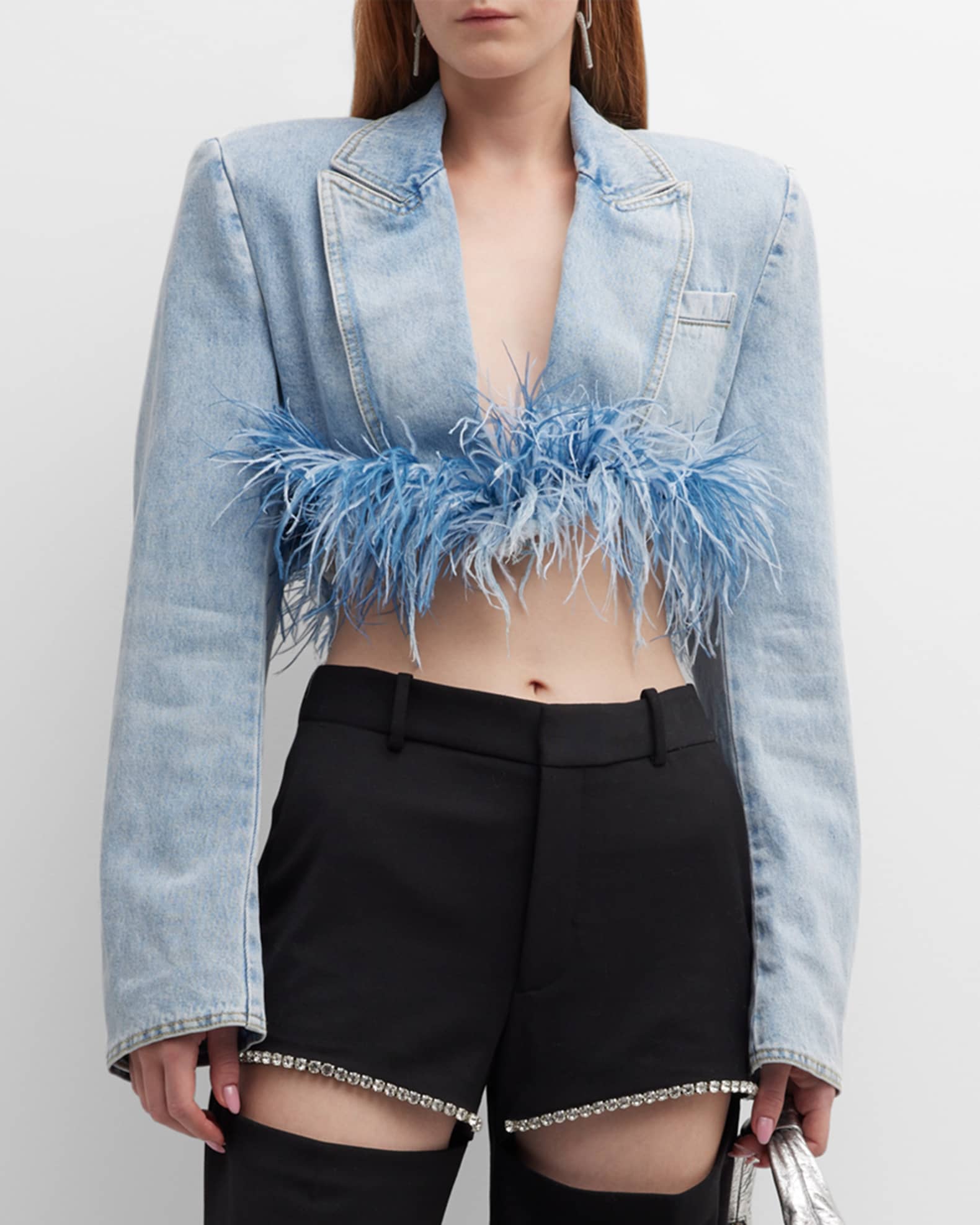 AREA Feather-Trim Frayed Denim Crop Blazer | Neiman Marcus