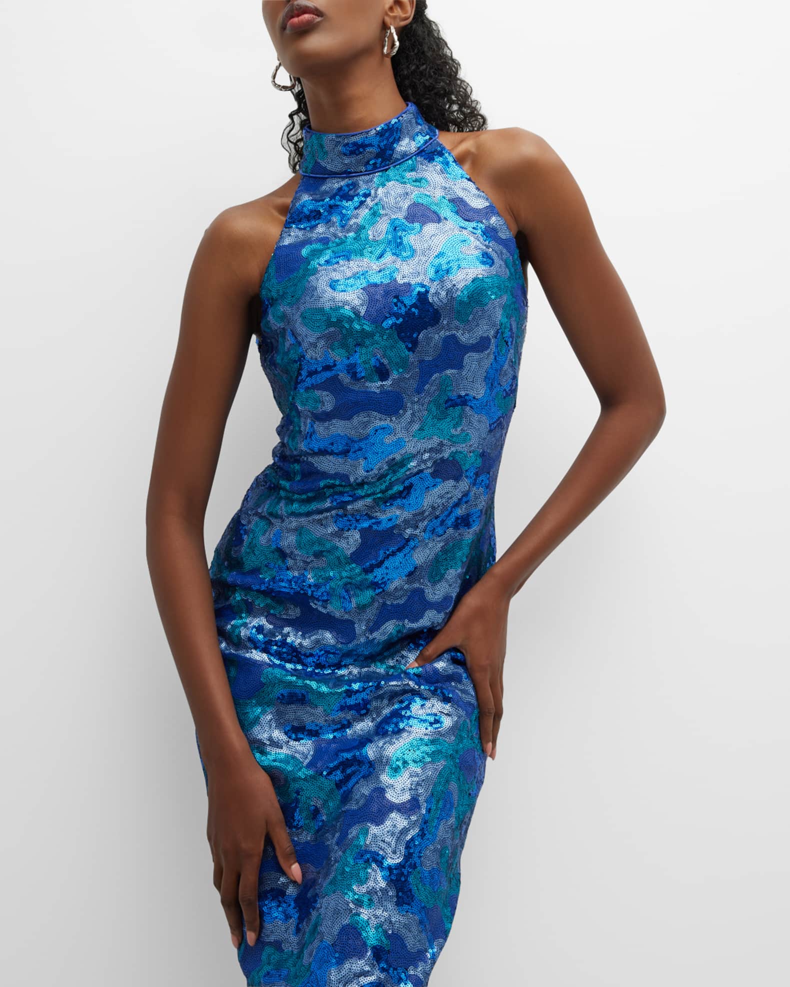 SHO Sleeveless Sequin Camo Halter Midi Dress | Neiman Marcus