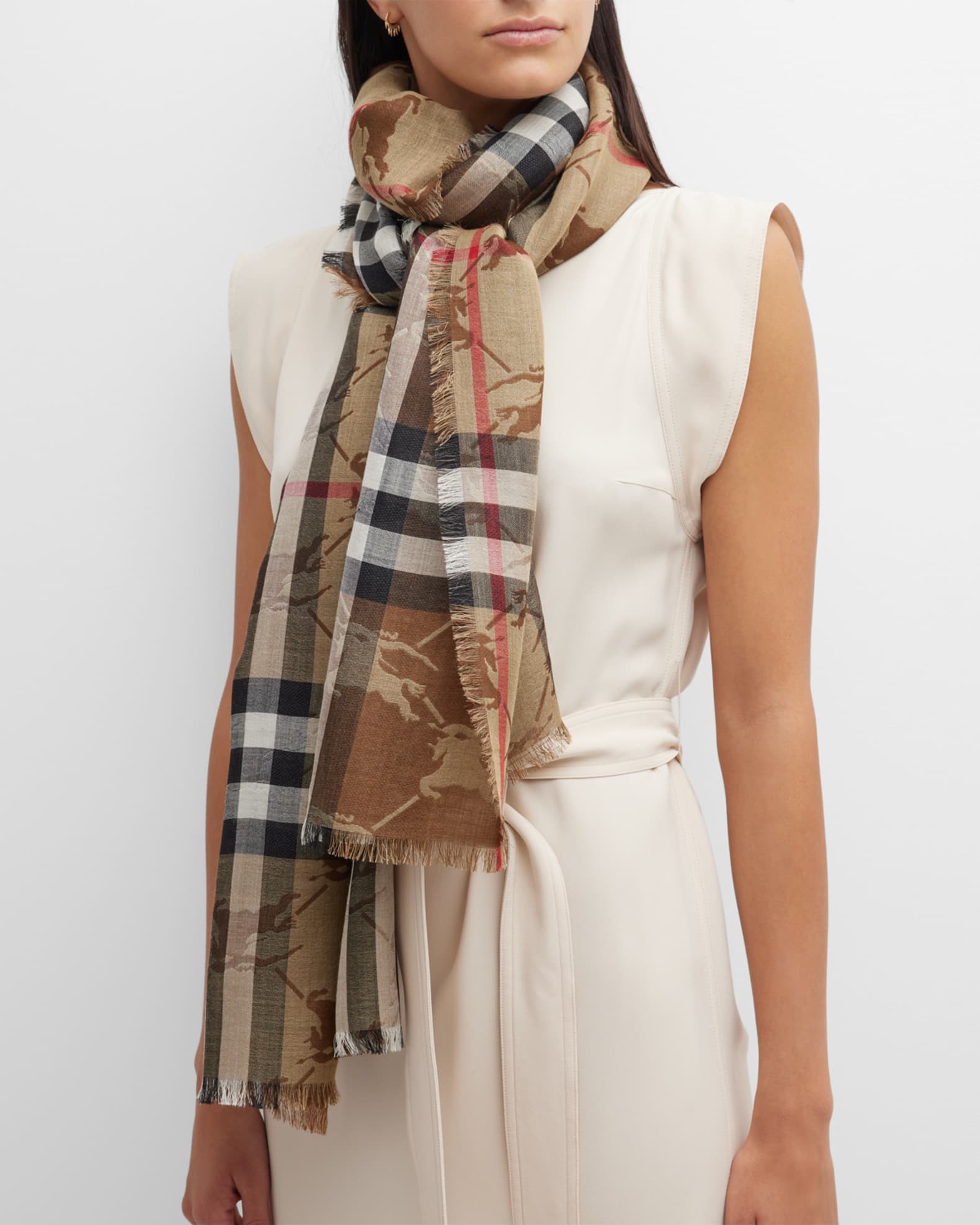 Burberry Equestrian Knight Lattice & Check Wool-Silk Scarf | Neiman Marcus