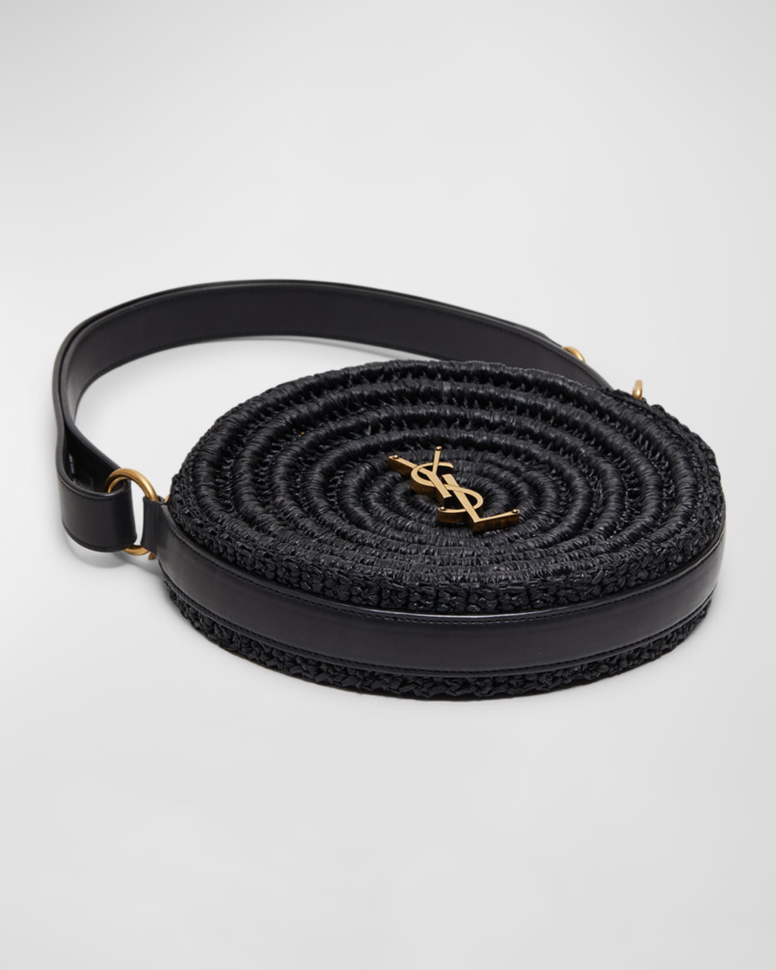 Saint Laurent YSL Monogram Round Shoulder Bag in Raffia | Neiman Marcus