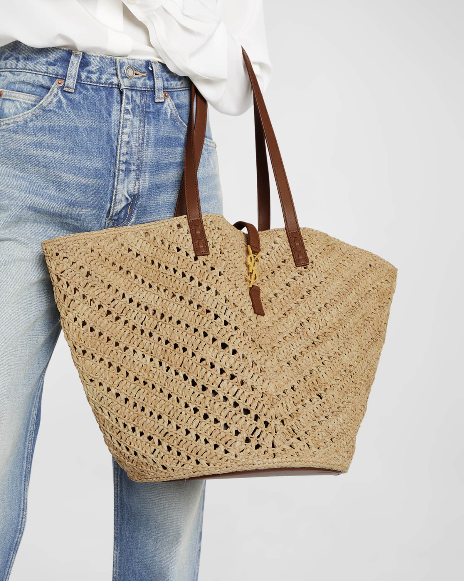 Saint Laurent Panier Medium YSL Tote Bag in Raffia | Neiman Marcus