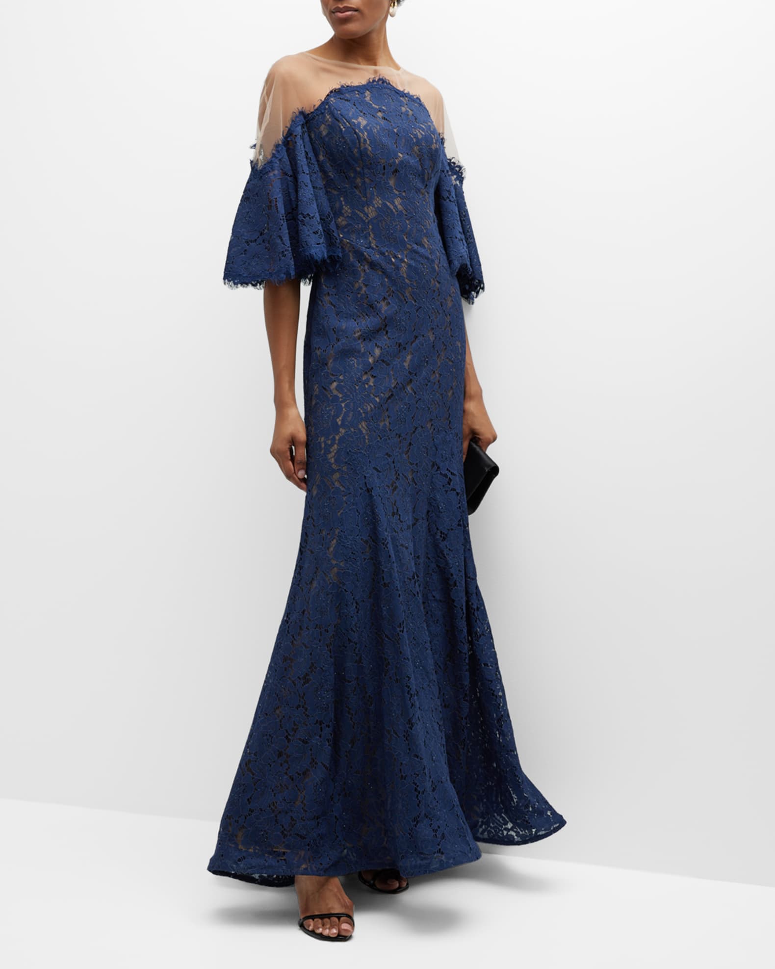 Rene Ruiz Collection Illusion-Neck Lace Trumpet Gown | Neiman Marcus
