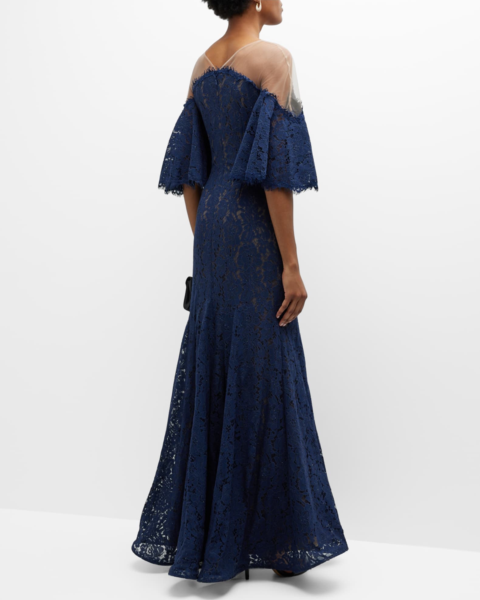 Rene Ruiz Collection Illusion-Neck Lace Trumpet Gown | Neiman Marcus