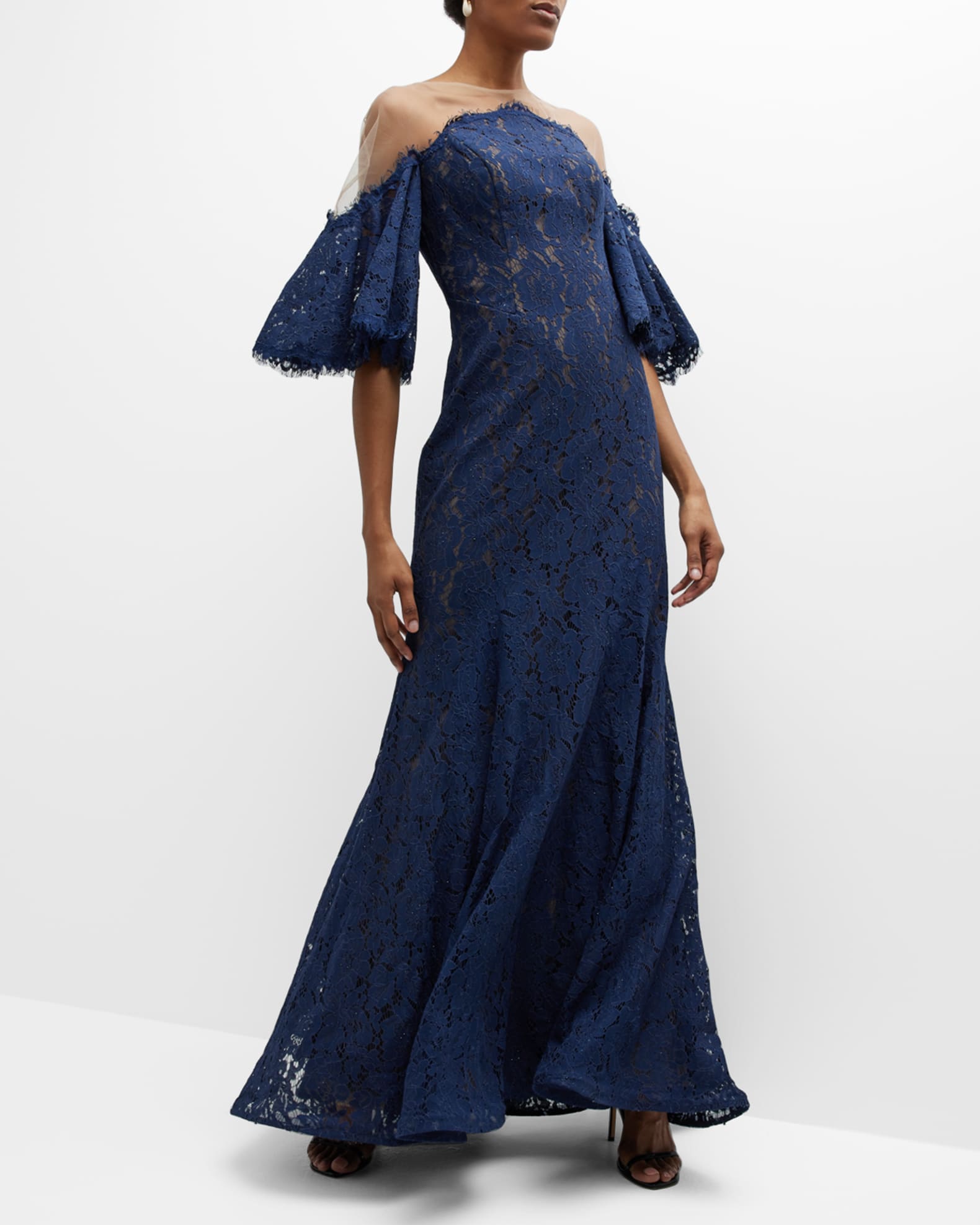 Rene Ruiz Collection Illusion-Neck Lace Trumpet Gown | Neiman Marcus