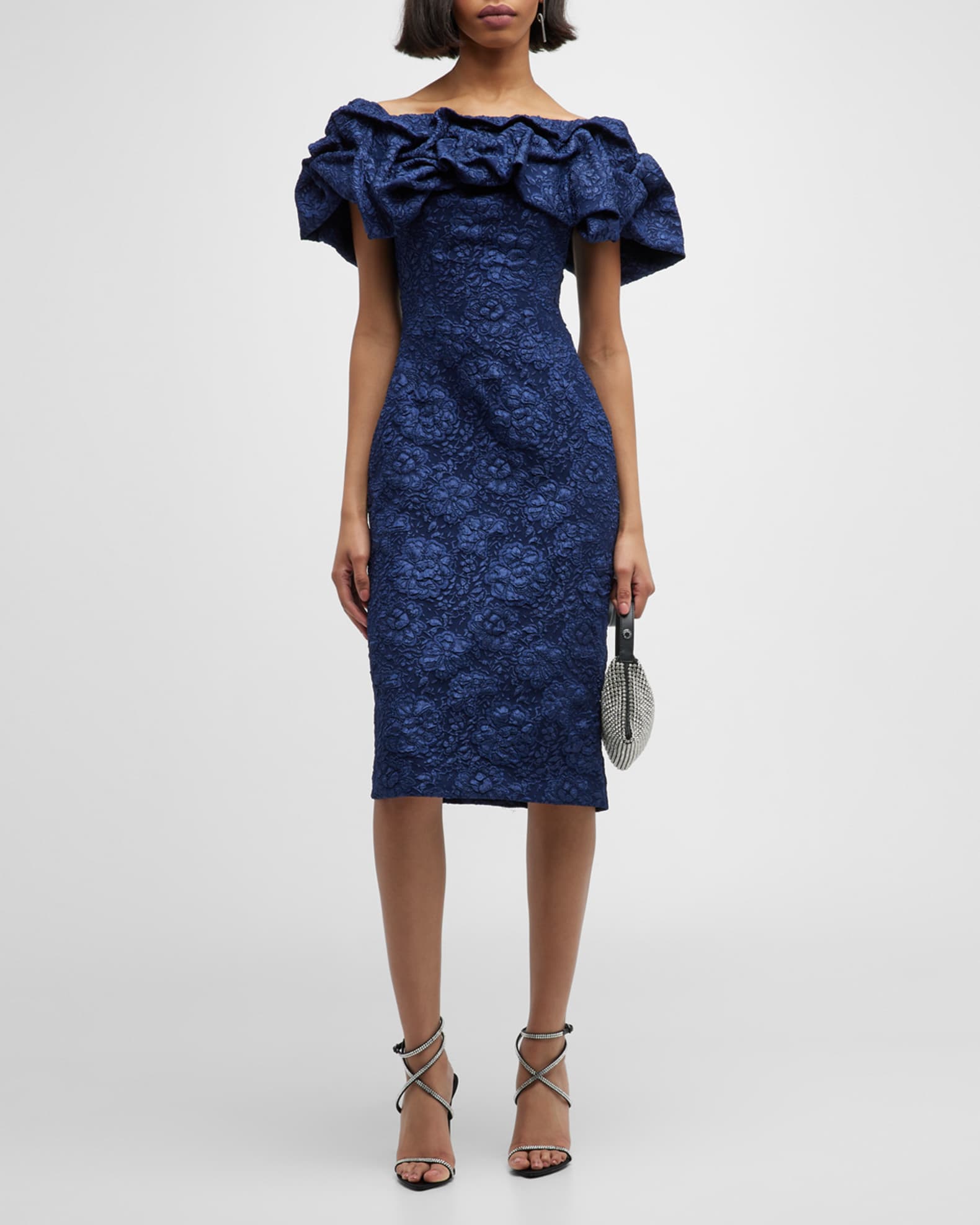 Jovani Off-Shoulder Floral Jacquard Sheath Dress | Neiman Marcus