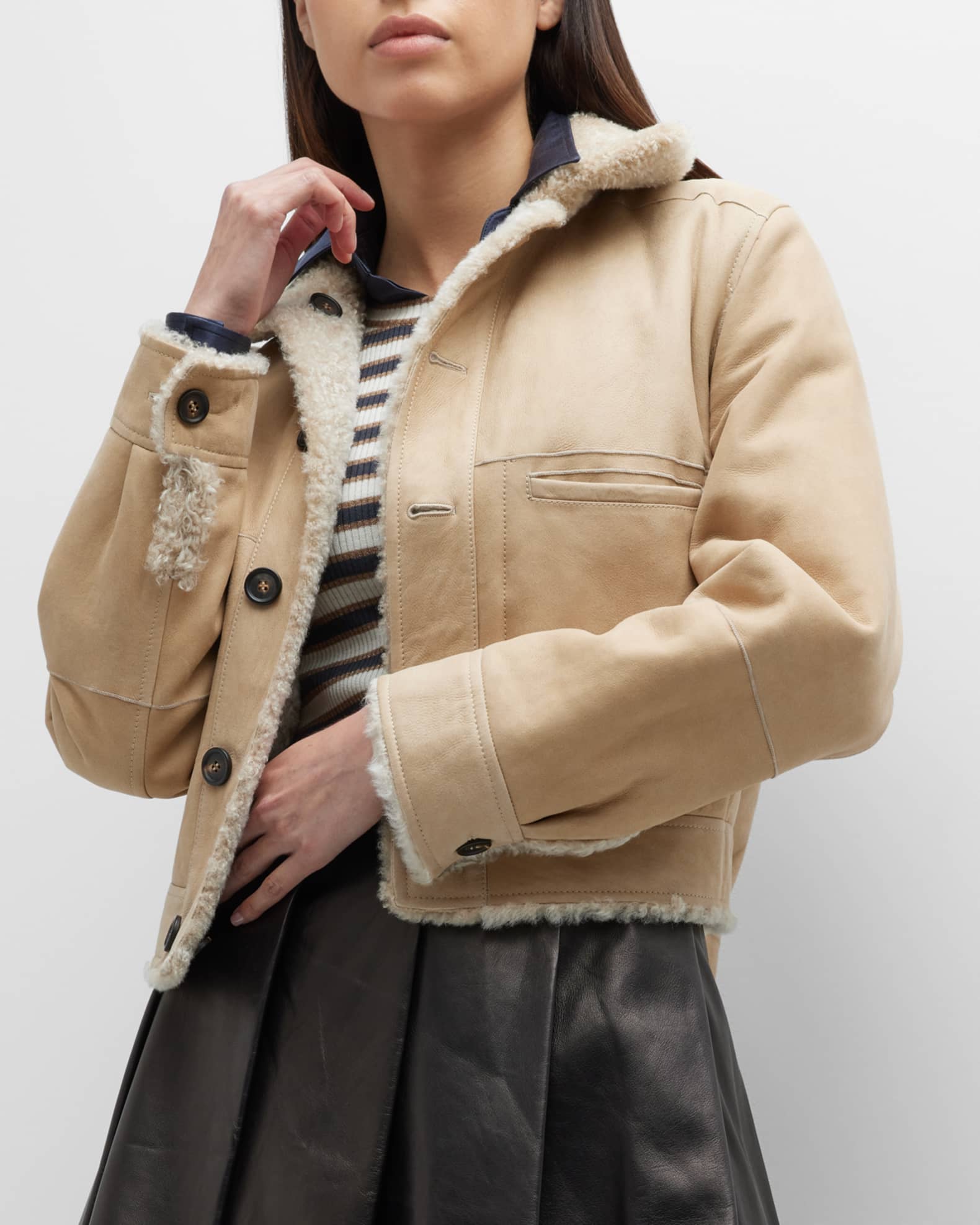 Brunello Cucinelli Suede to Shearling Reversible Short Jacket | Neiman ...