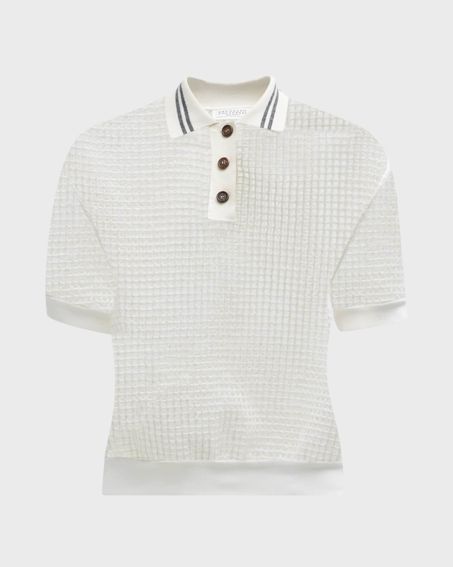 Brunello Cucinelli Netted Polo Shirt with Contrast Stripes | Neiman Marcus