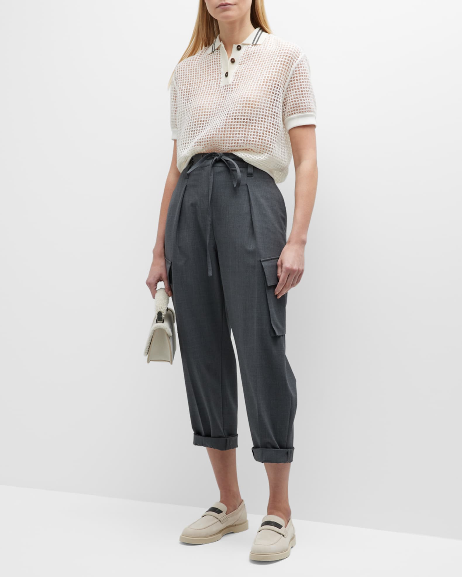 Brunello Cucinelli Netted Polo Shirt with Contrast Stripes | Neiman Marcus