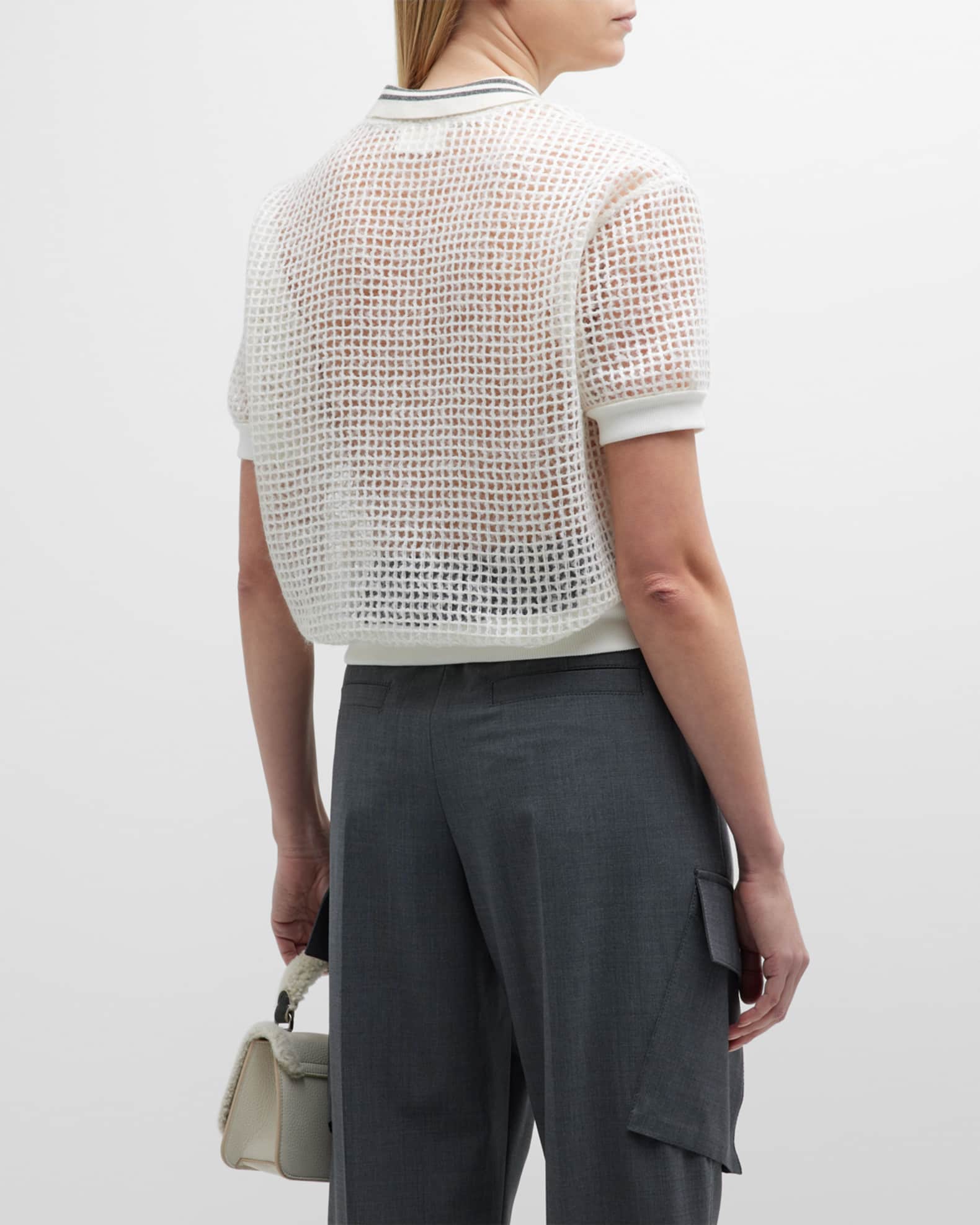 Brunello Cucinelli Netted Polo Shirt with Contrast Stripes | Neiman Marcus