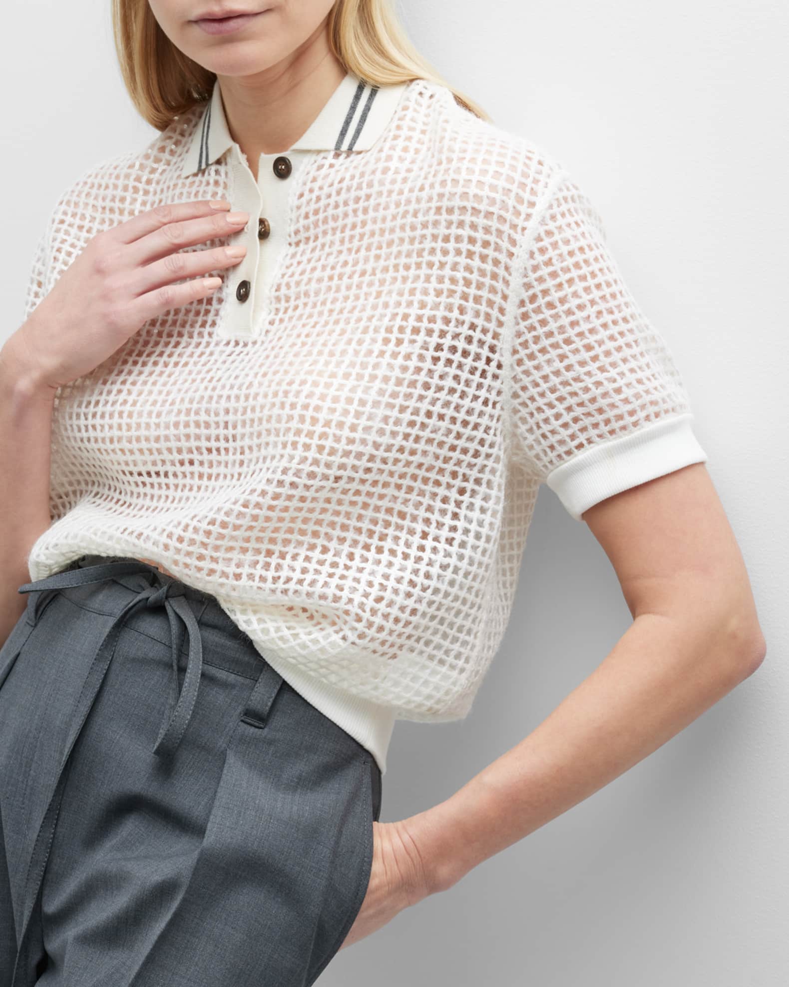 Brunello Cucinelli Netted Polo Shirt with Contrast Stripes | Neiman Marcus
