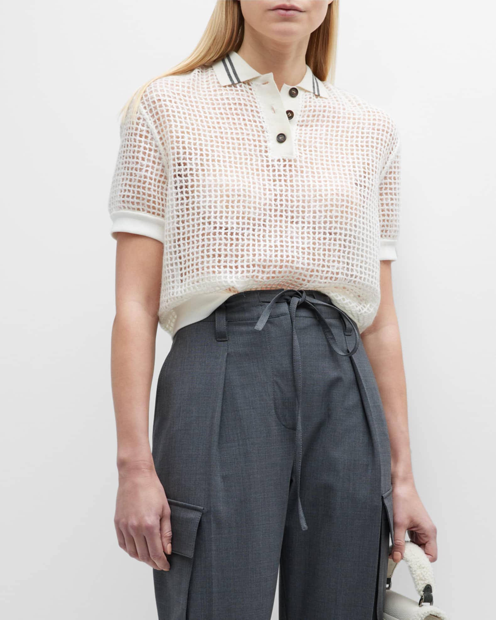 Brunello Cucinelli Netted Polo Shirt with Contrast Stripes | Neiman Marcus