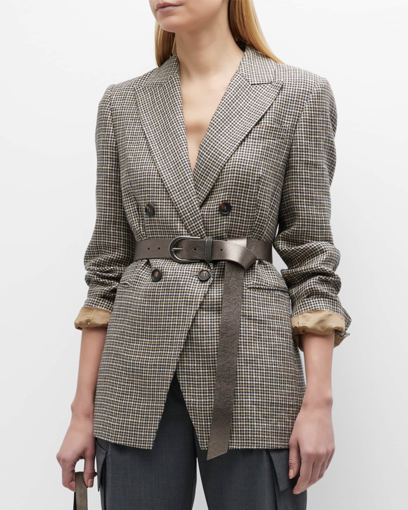 Brunello Cucinelli Linen Houndstooth-Print Cut Away Blazer Jacket ...