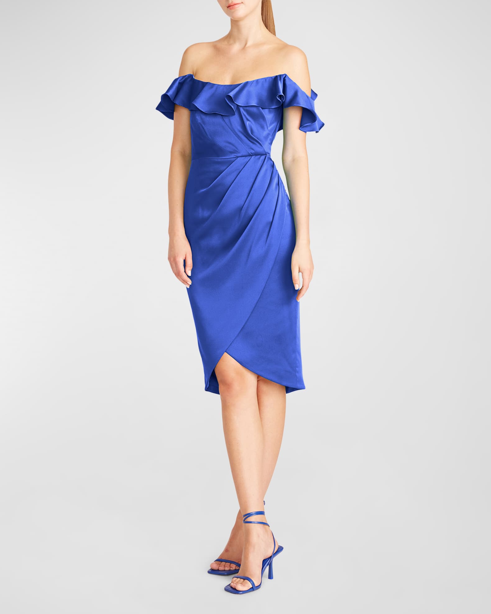 Theia Odessa Pleated Off-Shoulder Ruffle Midi Dress | Neiman Marcus