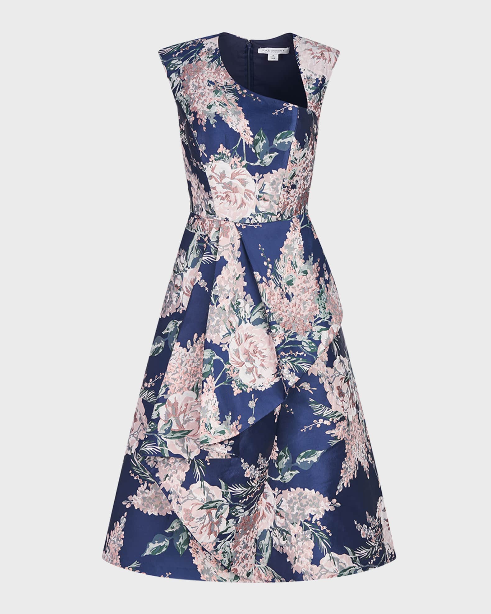 Kay Unger New York Asymmetric Floral Jacquard Ruffle Midi Dress ...