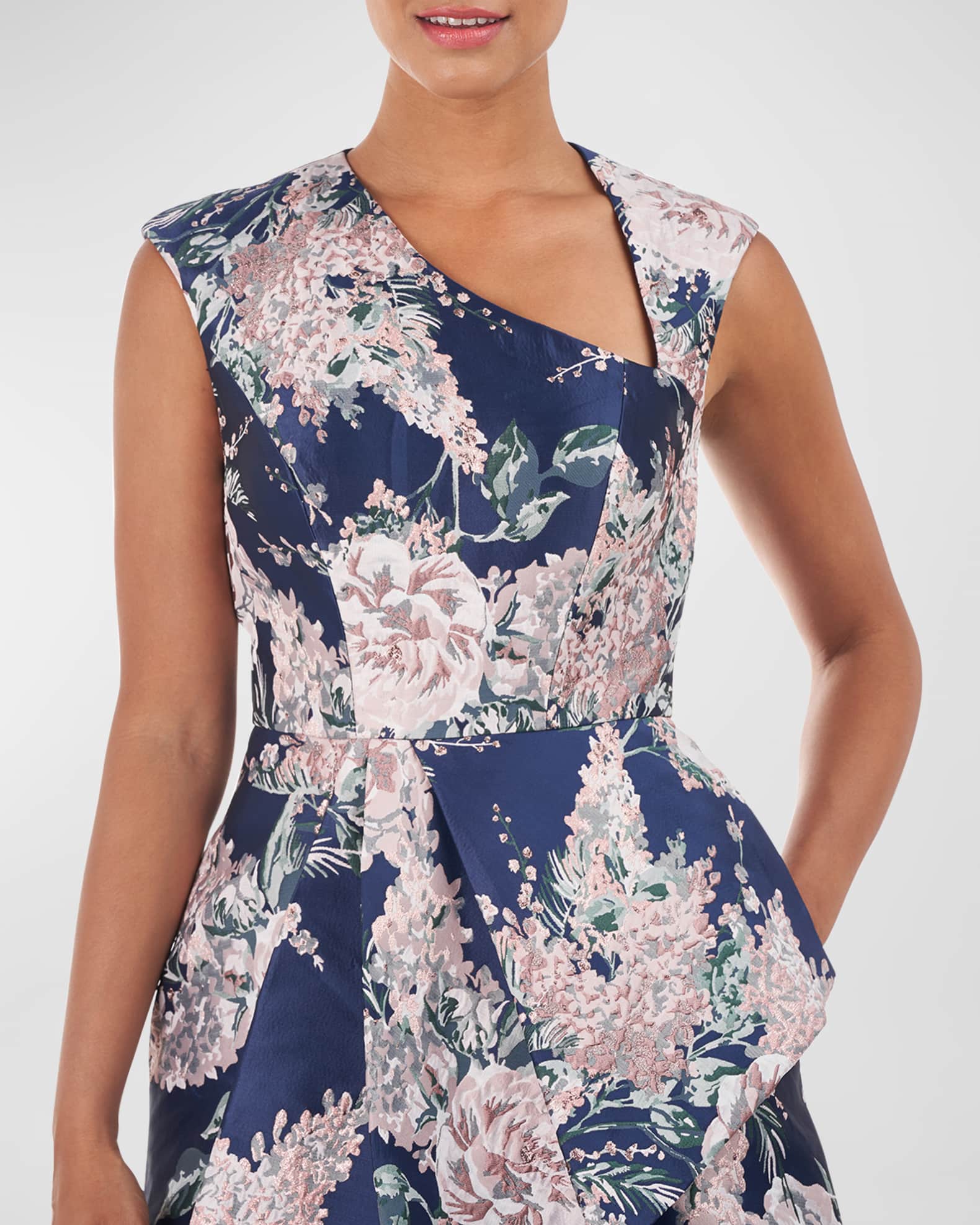 Kay Unger New York Asymmetric Floral Jacquard Ruffle Midi Dress ...