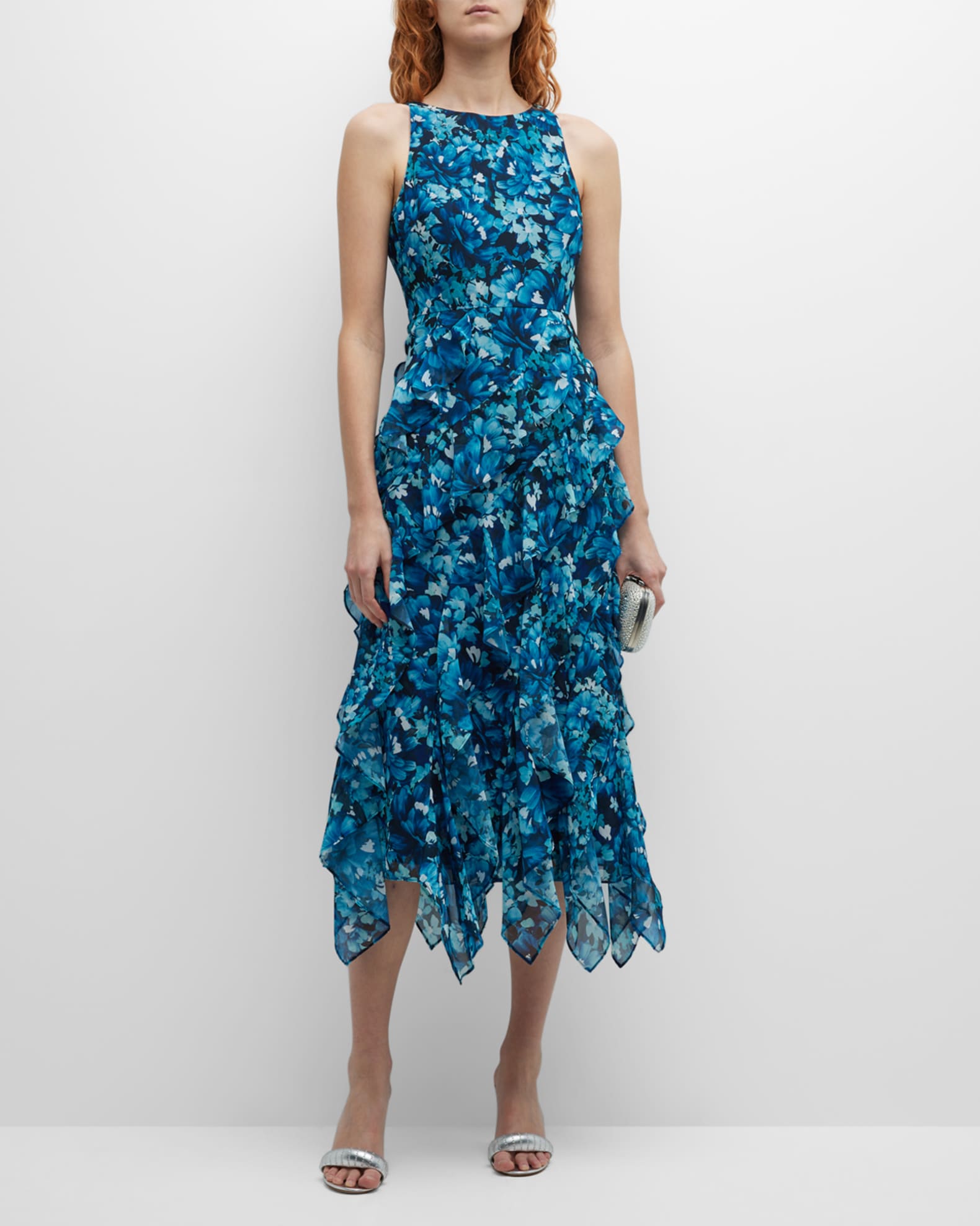 Badgley Mischka Collection Floral-Print Cascading Ruffle Midi Dress ...
