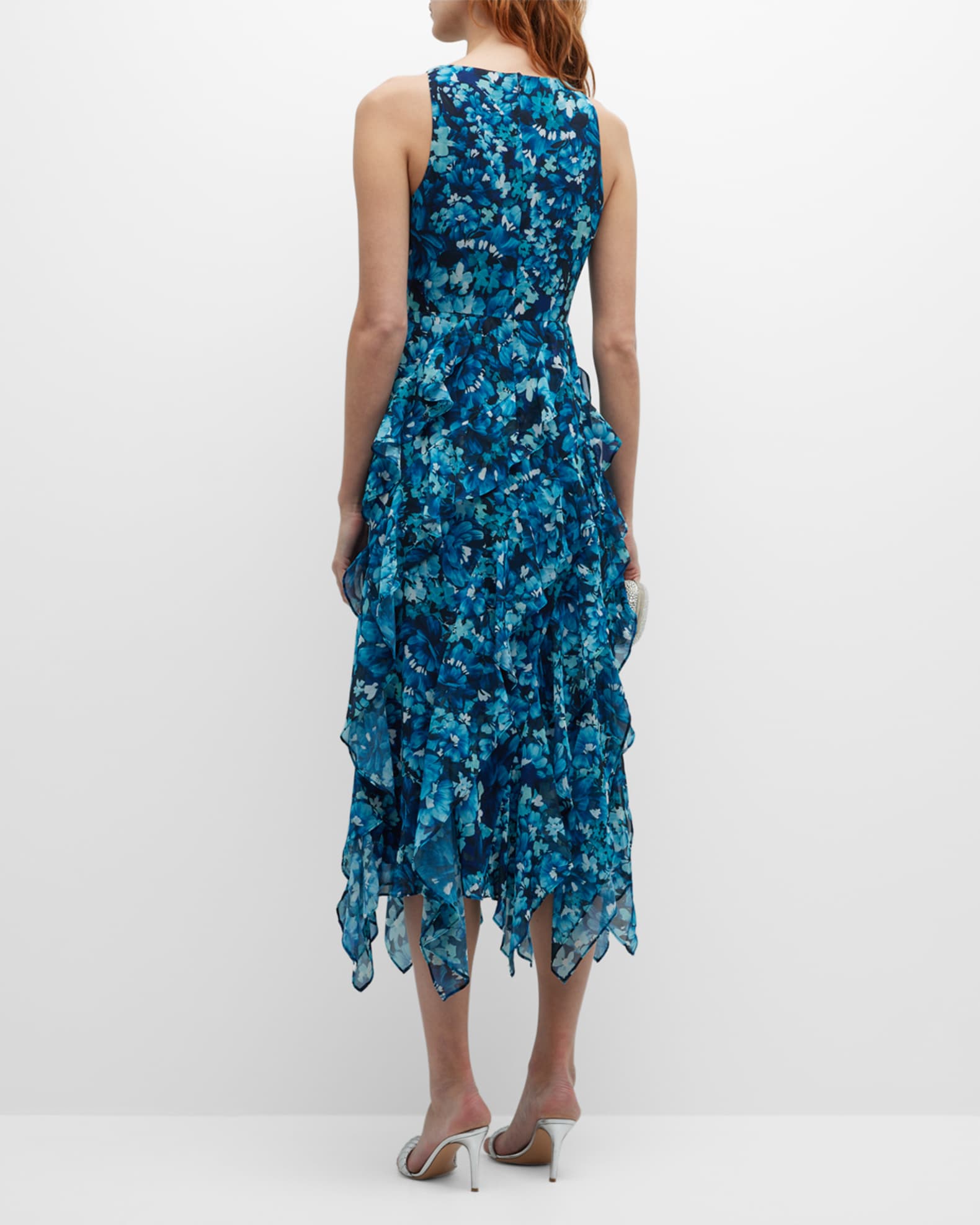 Badgley Mischka Collection Floral-Print Cascading Ruffle Midi Dress ...